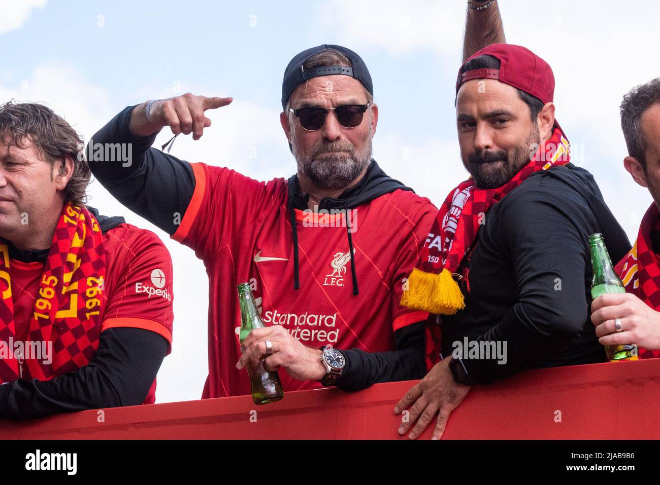 Queens Drive, Liverpool, UK. 29th May, 2022. The open-top bus parade to ...