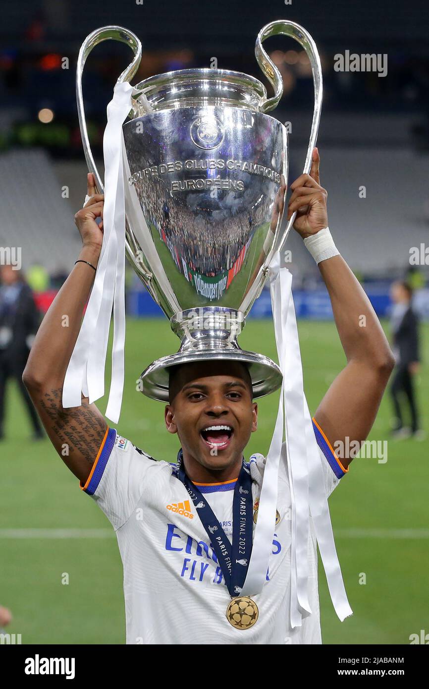 Paris, France. 28th May, 2022. Rodrigo of Real Madrid celebrates as he ...