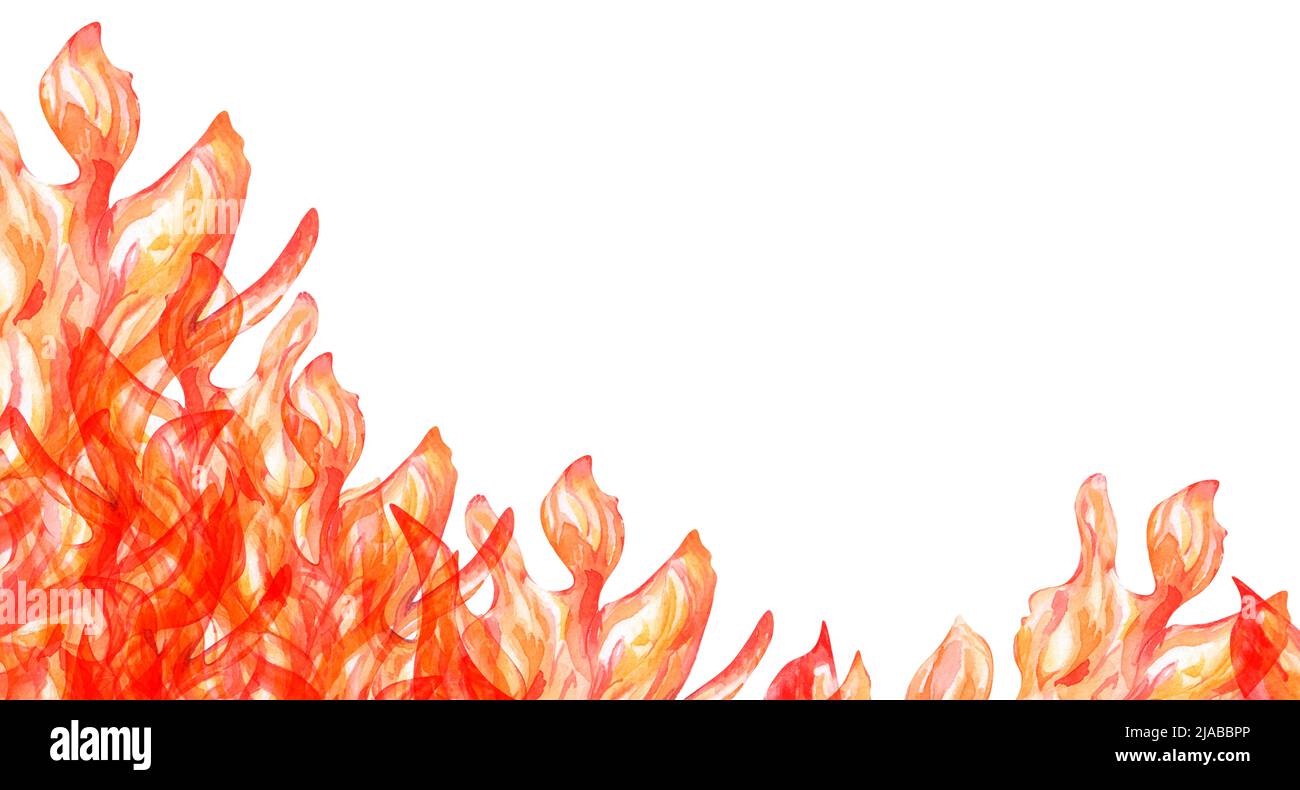 Flame board watercolor illustration. Red, yellow, orange fire, bonfire ...