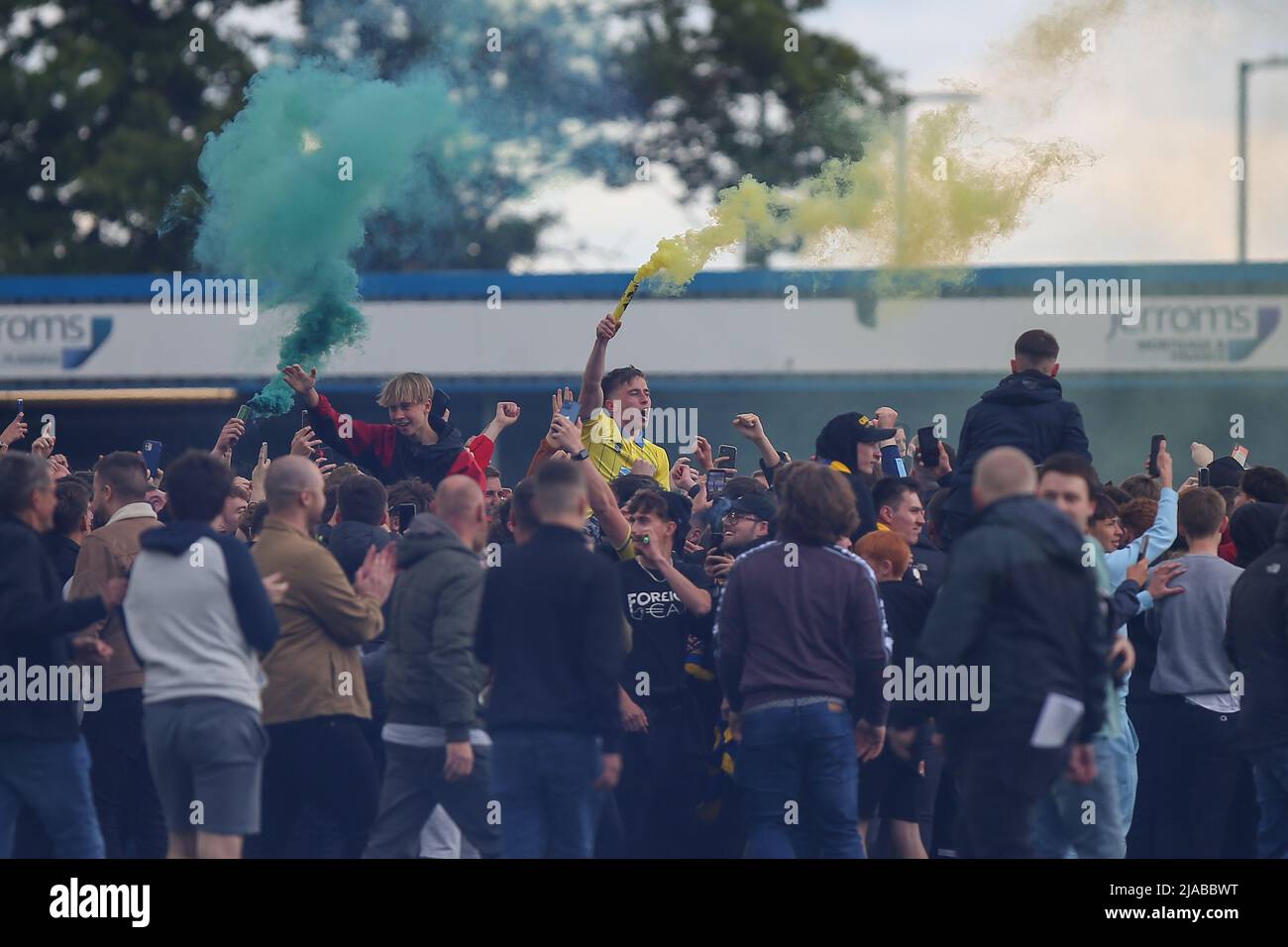 Joe Sbarra #7 of Solihull Moors celebrates his teams win on a fans ...