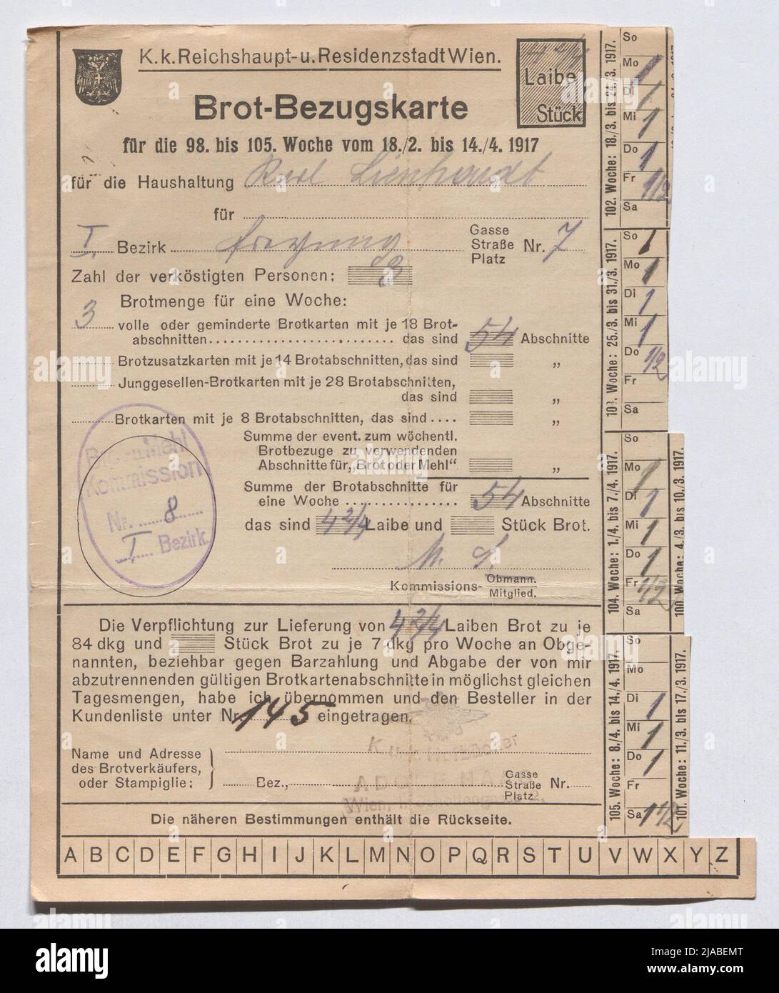 Food card from the First World War: "Bread reference card", 1917 ...