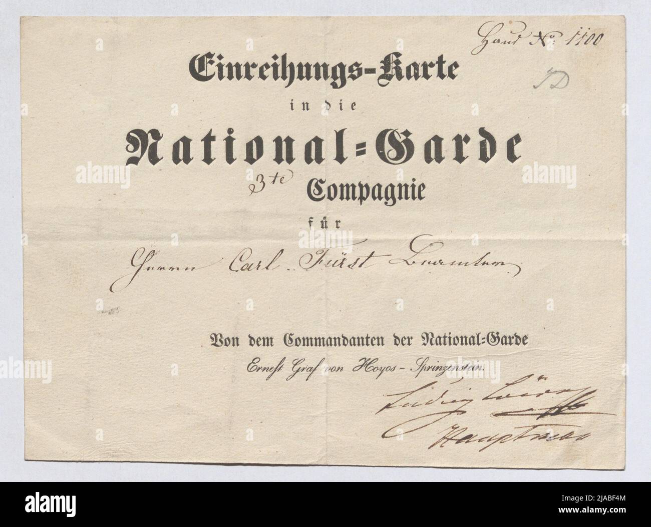 Inline card in the National Guard, 3rd Comp., For Carl Fürst, civil ...
