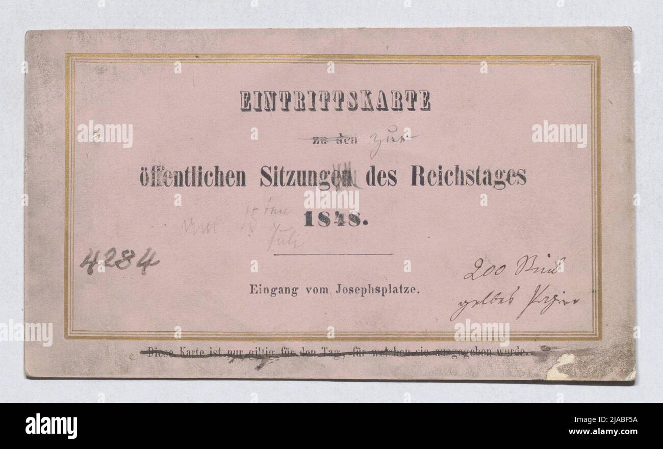 Entry map to the public sessions of the Reichstag 1848 (handwritten in ...