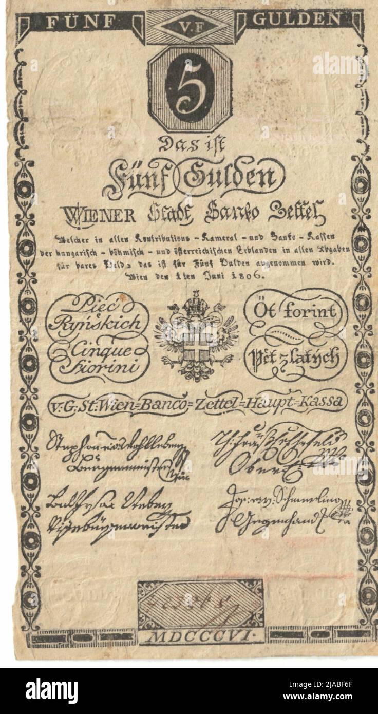 Banco notes, 5 guilders. Wiener Stadt-Banco, Mint Authority Stock Photo ...