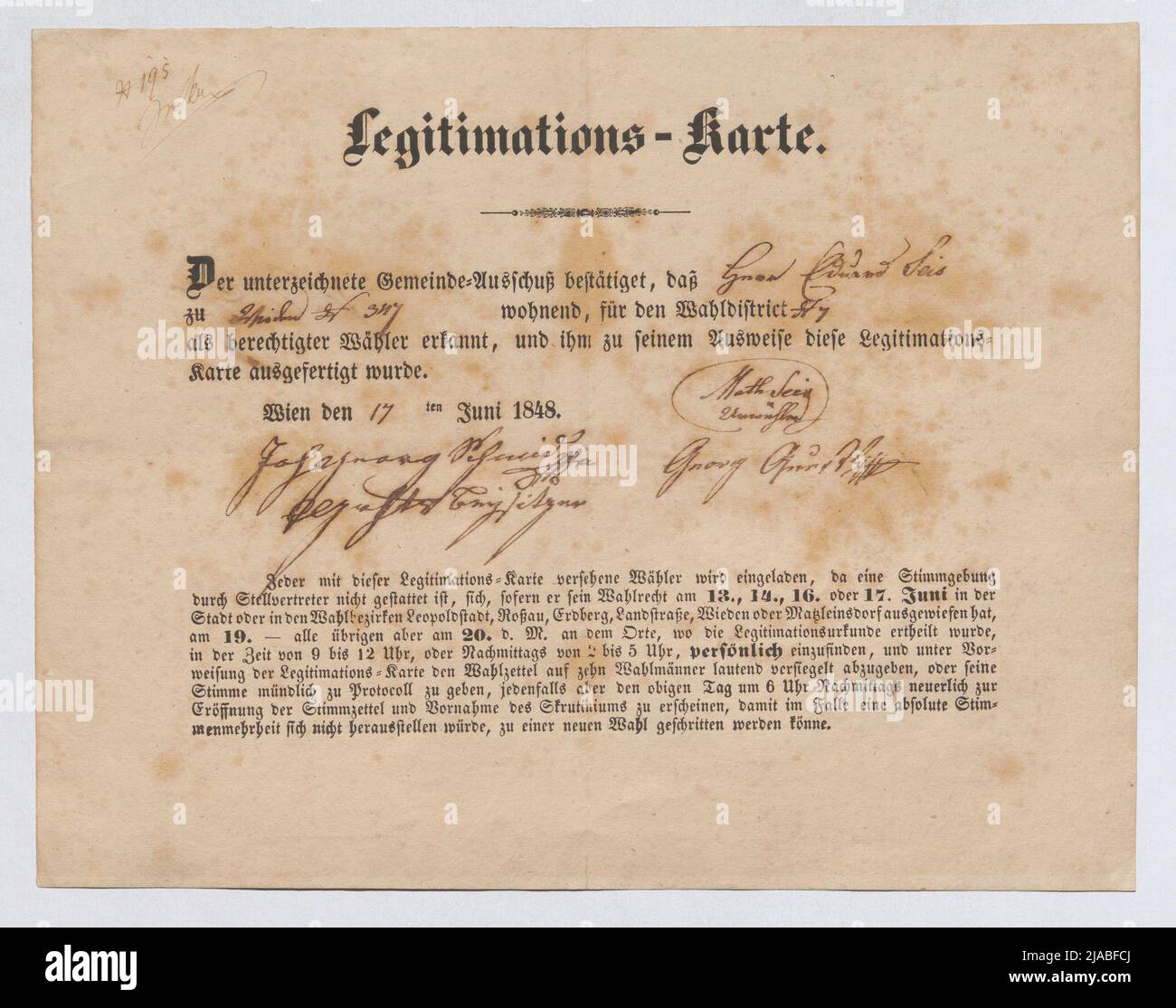 Legitimation card for the Reichstag elections in June 1848, exhibited ...