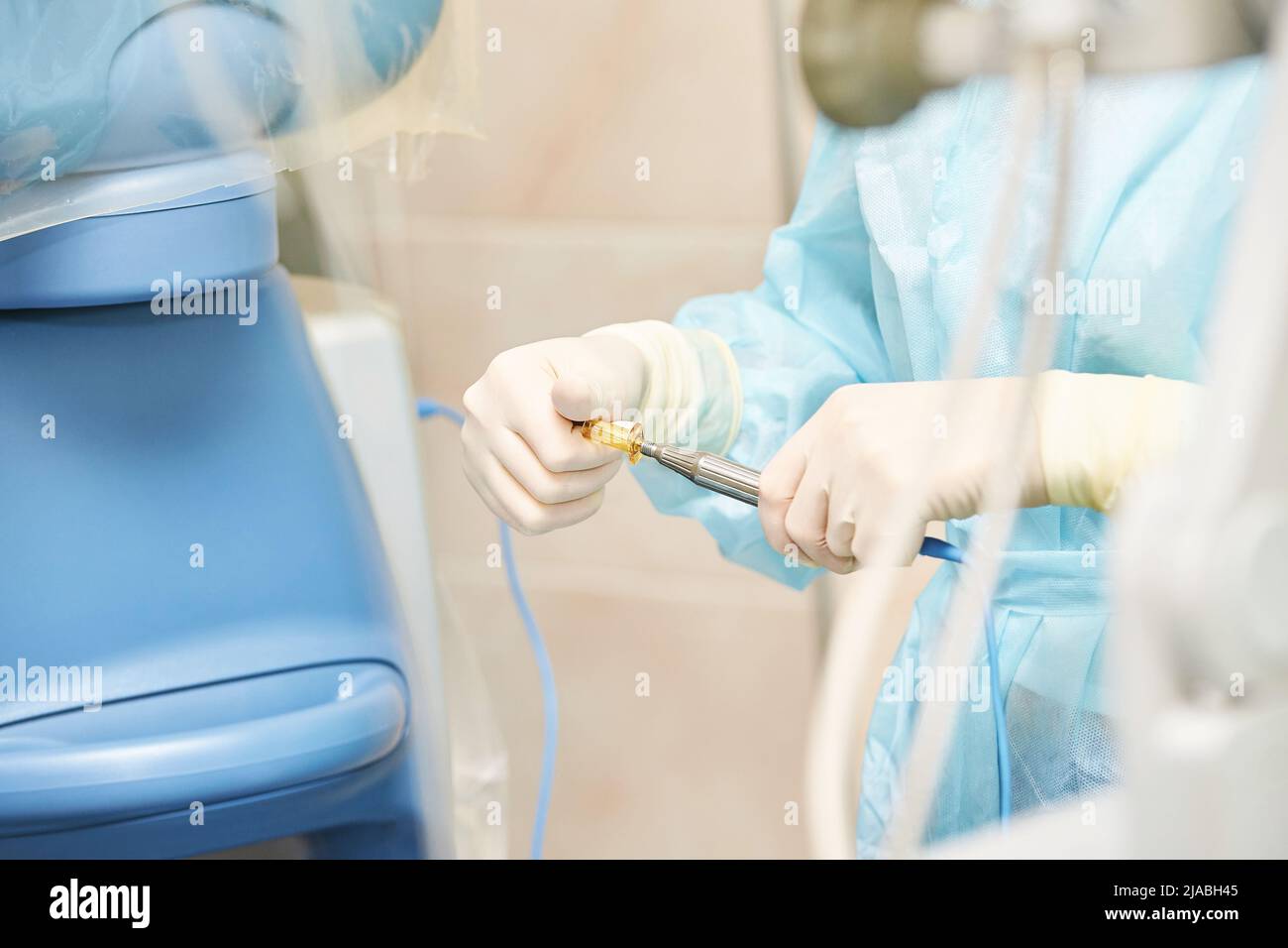 Ophthalmology laser microscope operation. Doctor surgery equipment in ...