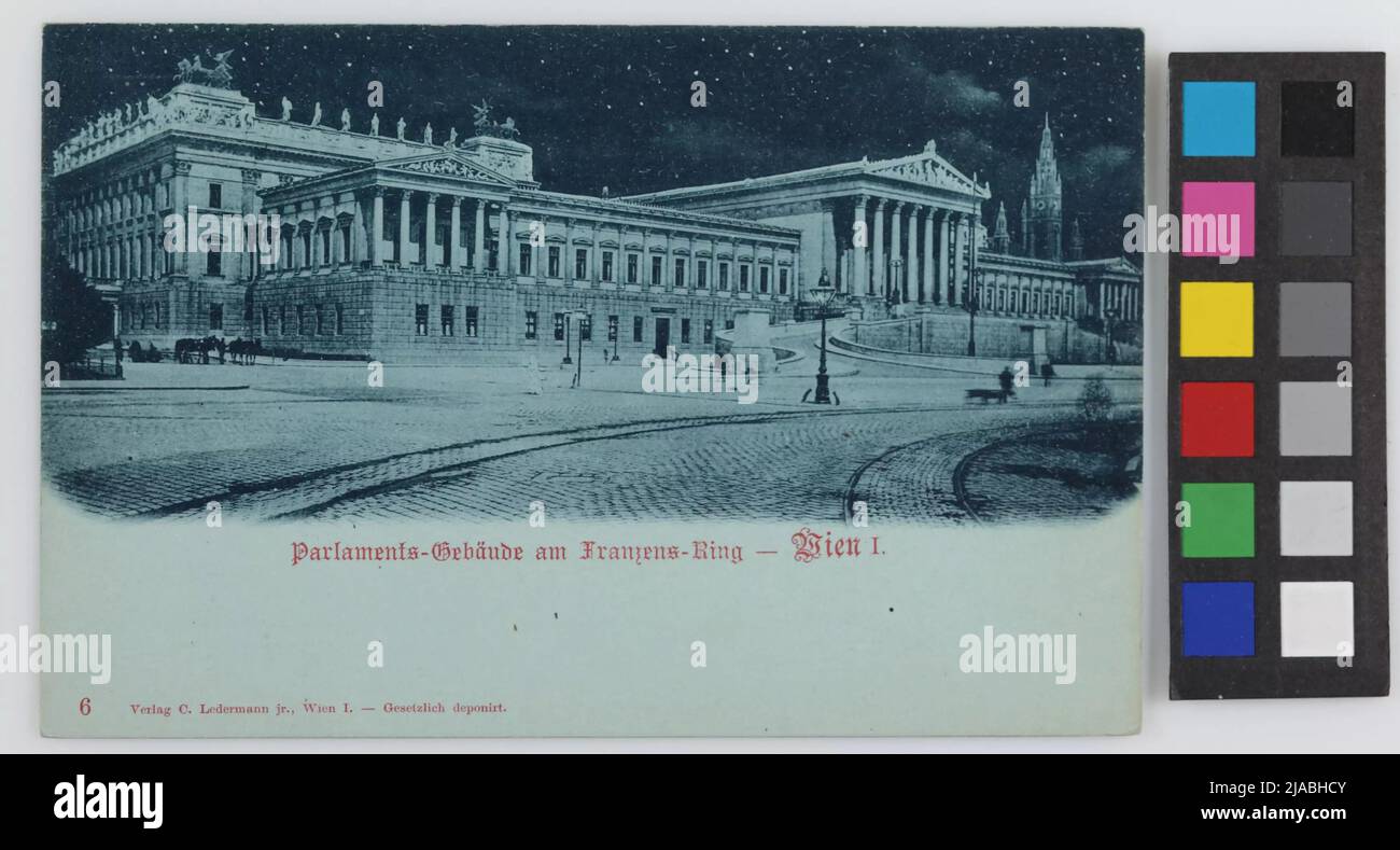 1., Dr.-Karl-Renner-Ring-Parliament, at night, postcard. Carl (Karl ...