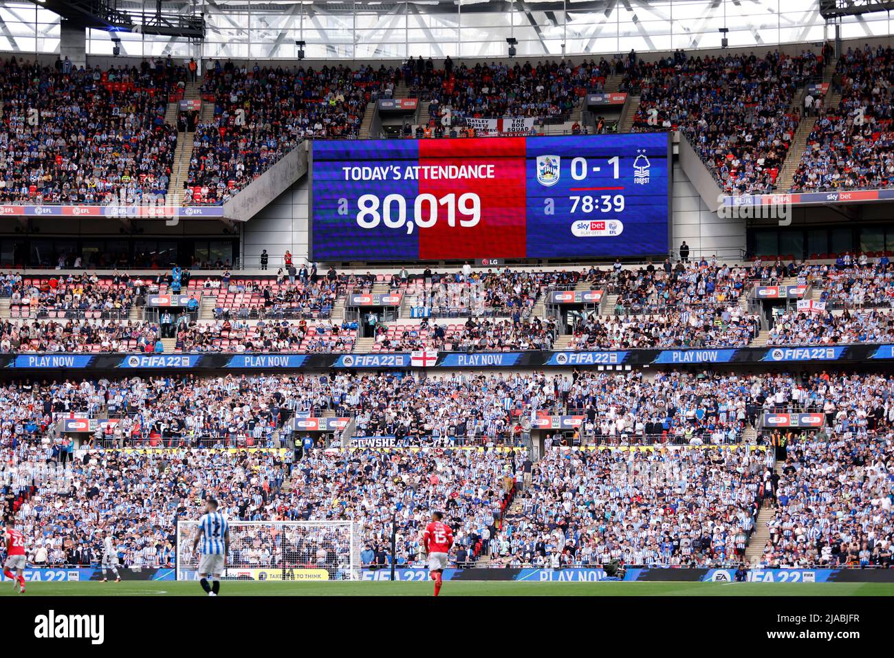 A general view of the scoreboard showing an attendance of 80,019 during ...