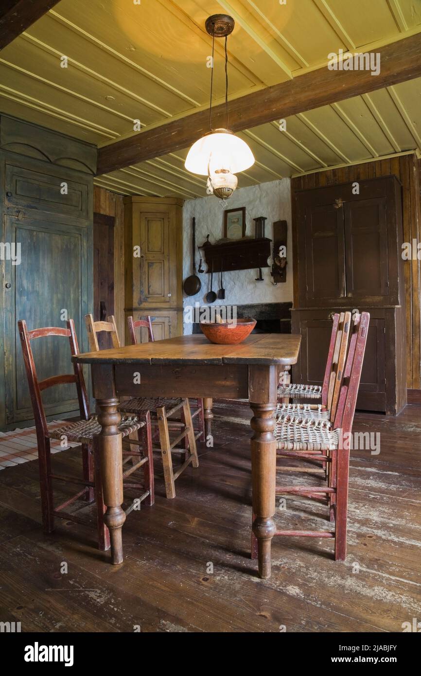 Antique wooden dining table and chairs in kitchen inside old circa 1840 ...