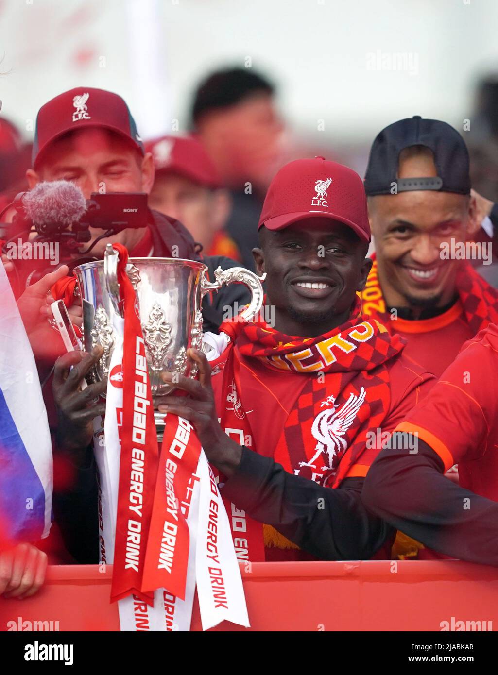 Liverpool's Sadio Mane lifts the Carabao Cup trophy during the trophy ...