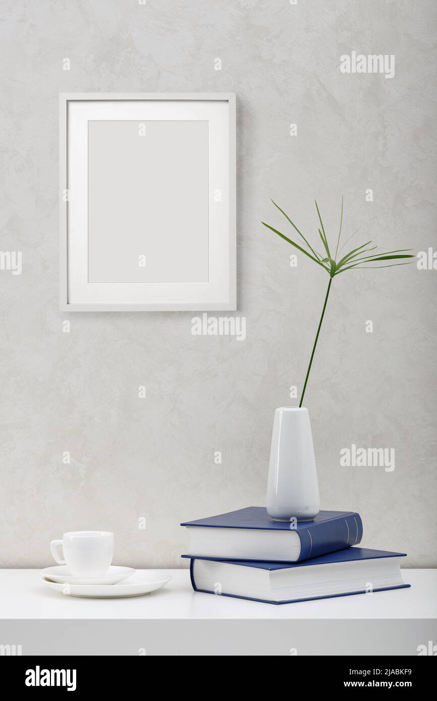 Blank picture frame mockup on white wall. White living room design ...