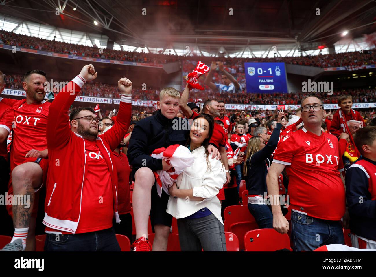 Nottingham Forest fans in the stands celebrate promotion to the Premier ...