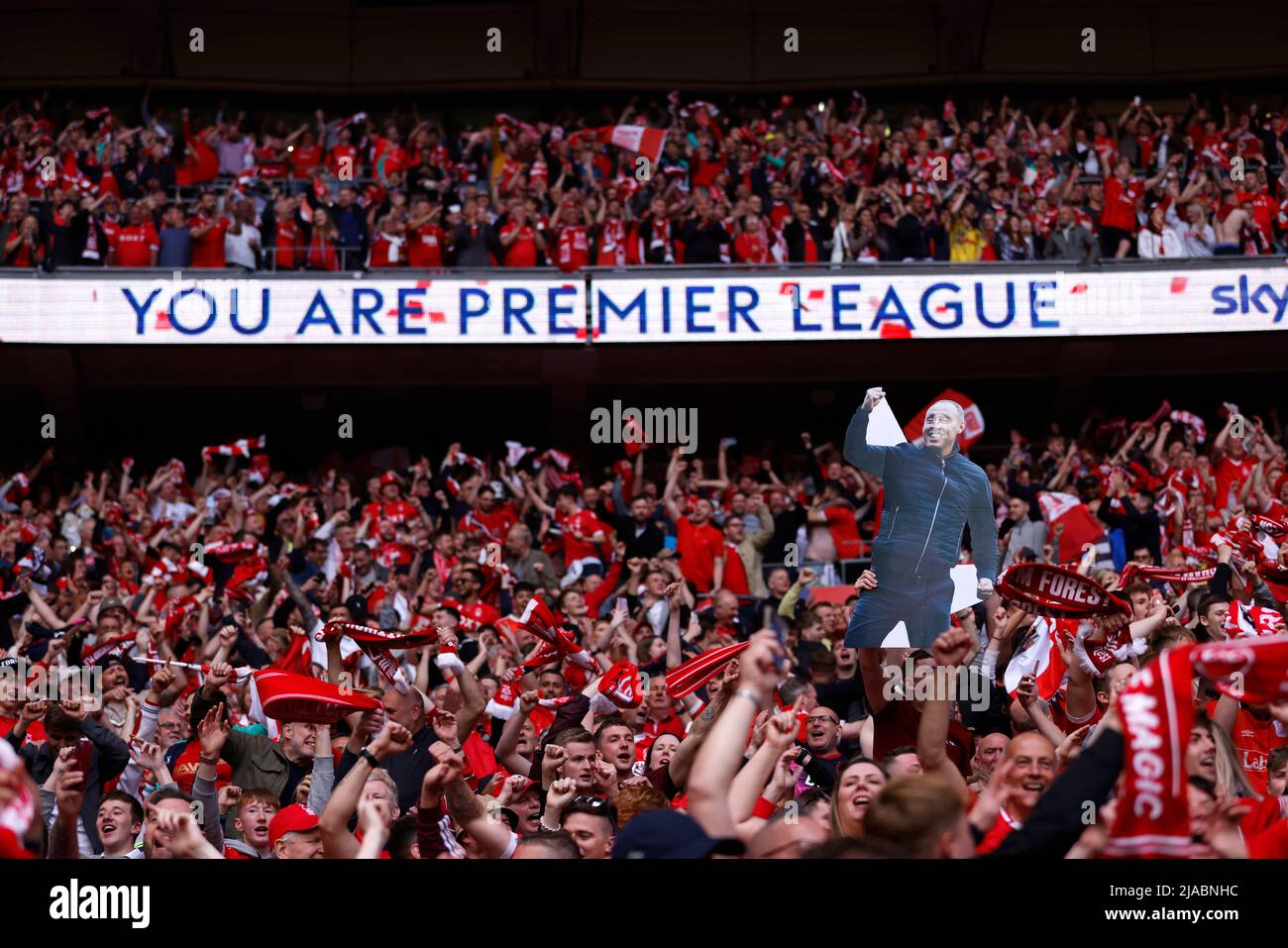 Nottingham Forest fans in the stands celebrate promotion to the Premier ...