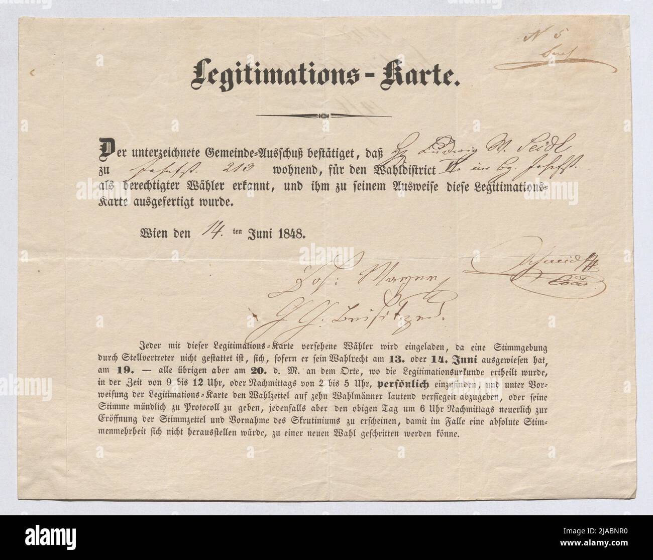 Legitimation card for the Reichstag elections in June 1848, exhibited ...