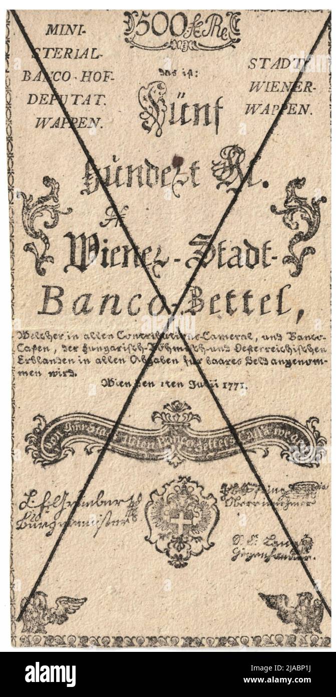 Banco notes, 500 guilders. Wiener Stadt-Banco, Mint Authority Stock ...