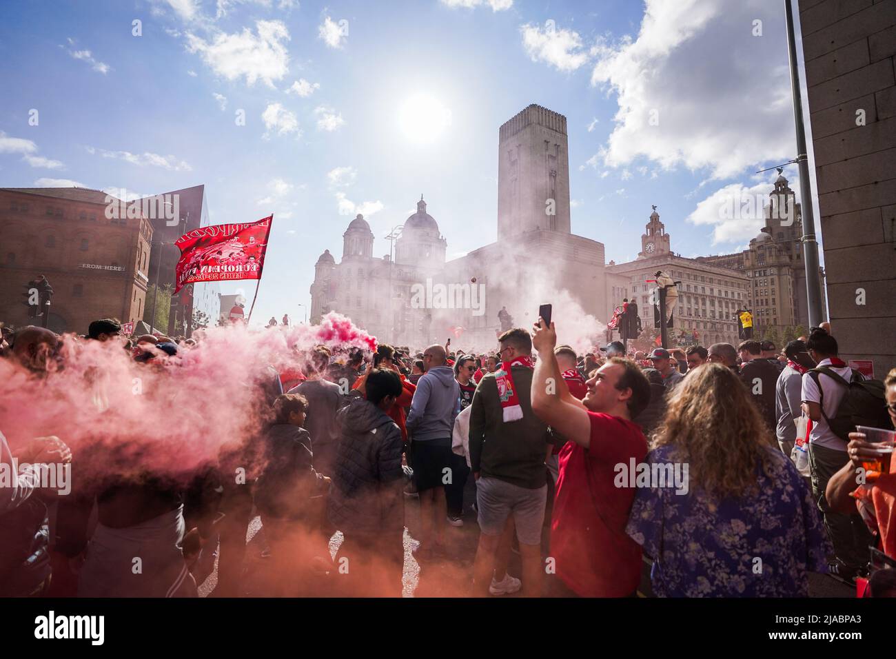 Pyrotechnics are set off during the trophy parade in liverpool hi-res ...