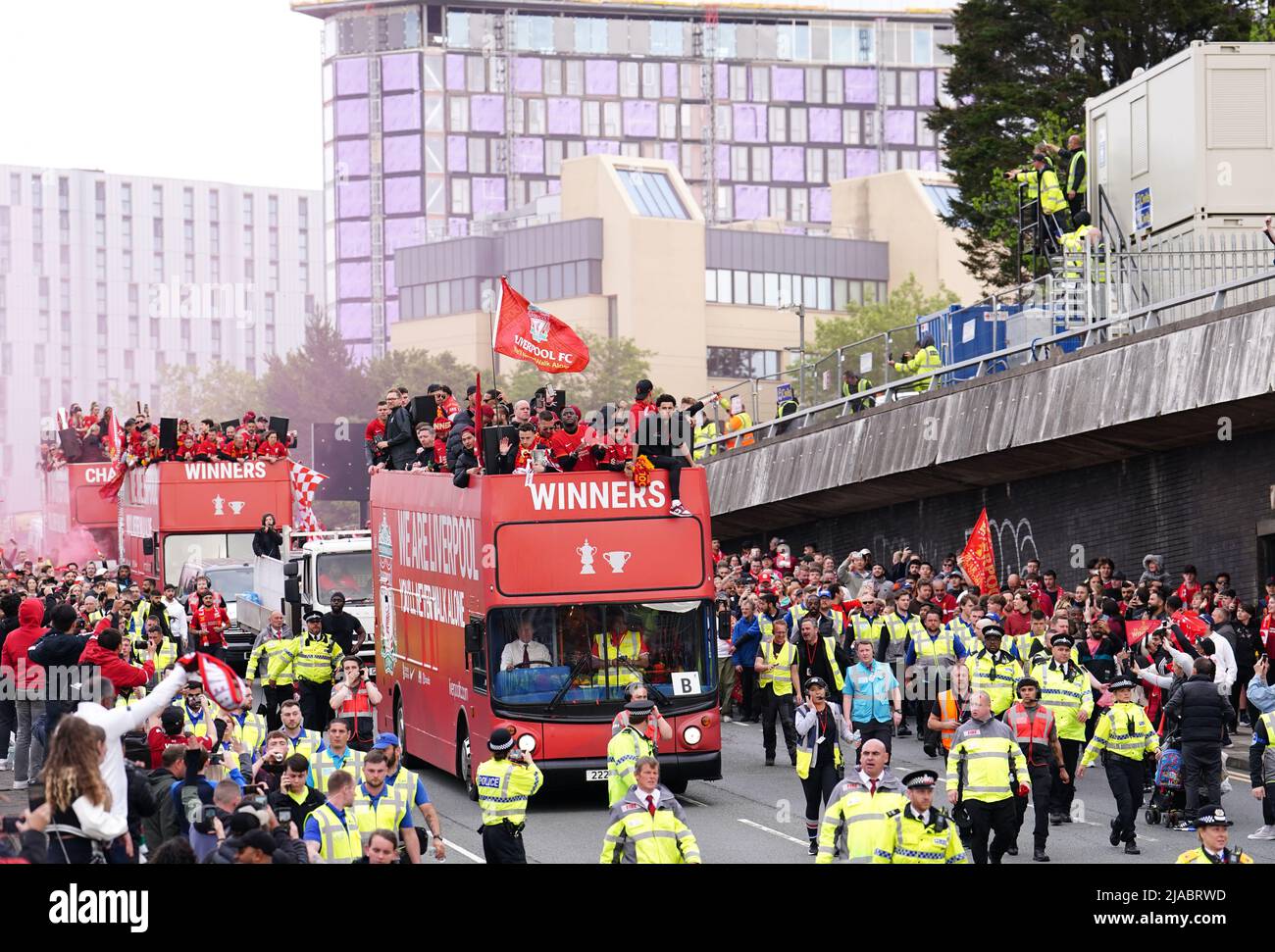Liverpool players on an open-top bus during the trophy parade in ...