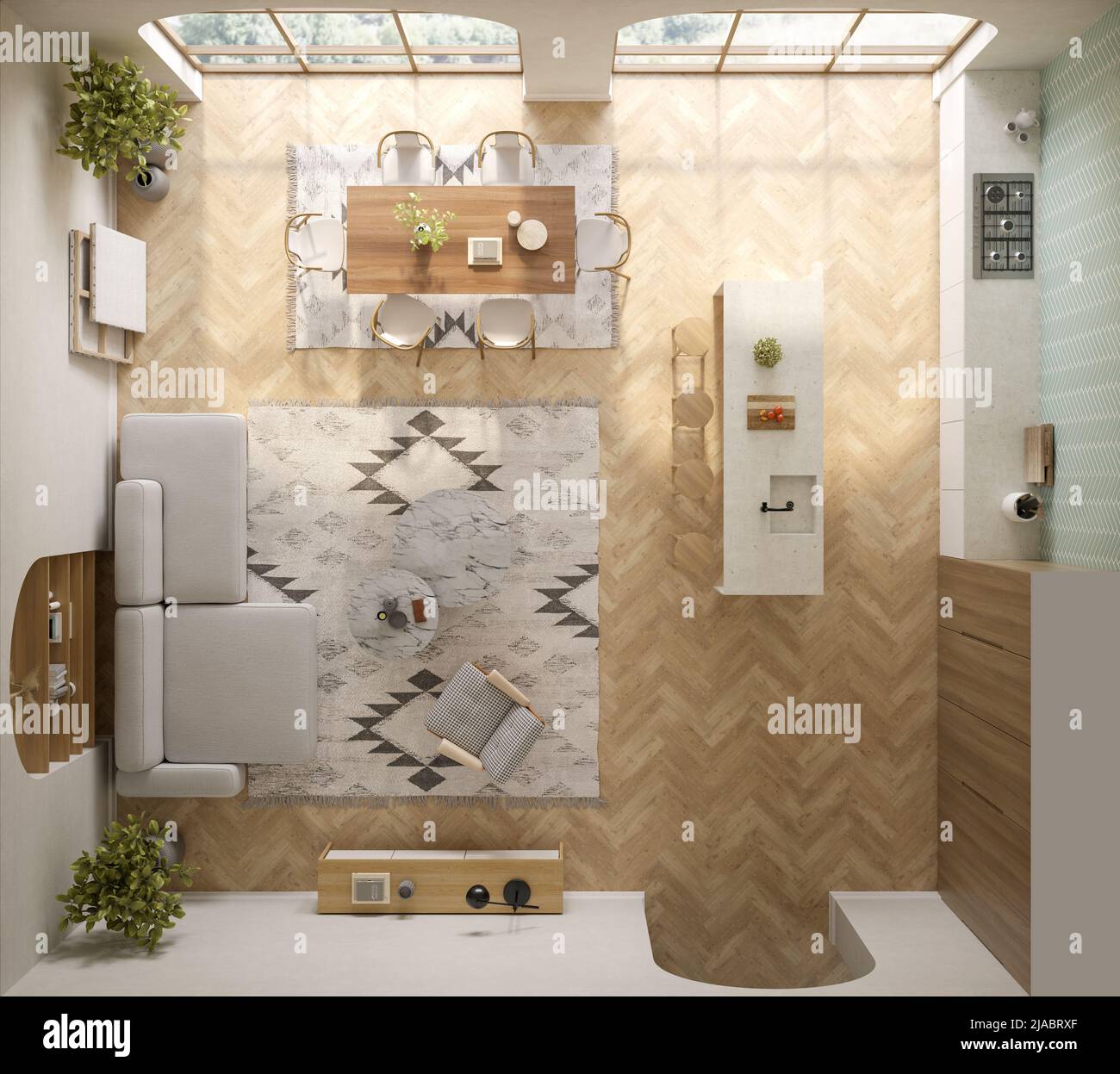 Minimalist Interior of modern living room top view 3 D rendering Stock ...