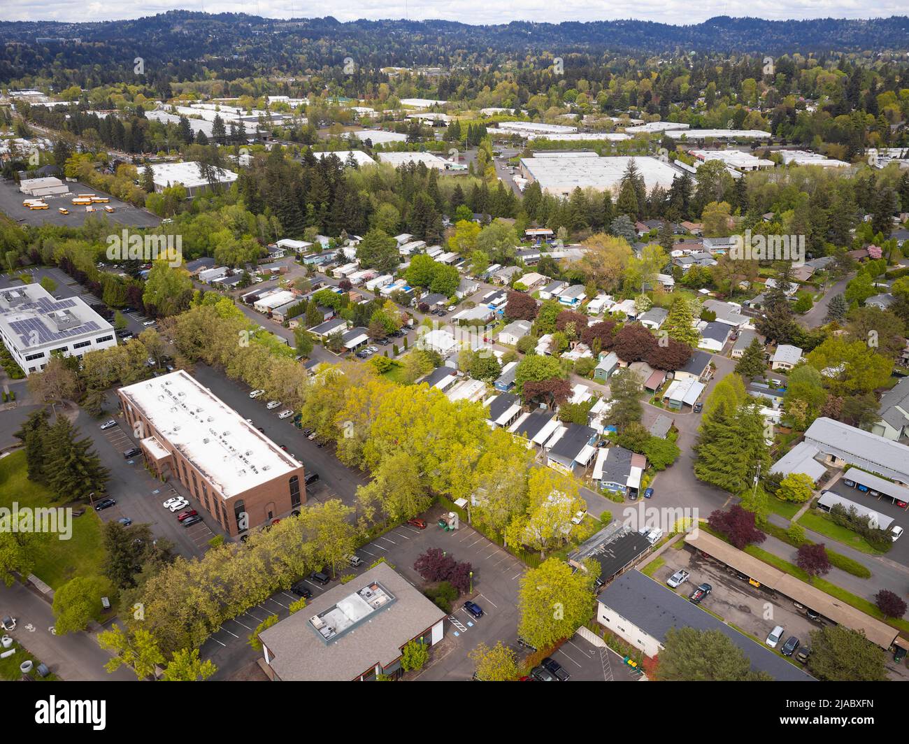 Shot from the air. Small green town, suburb. Lots of trees and lawns. A ...