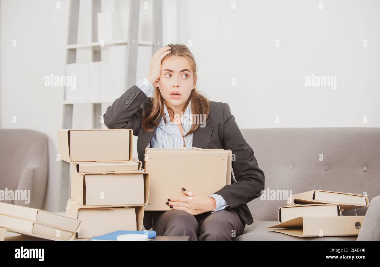 Busy business woman with many folders of documents, secretary girl ...