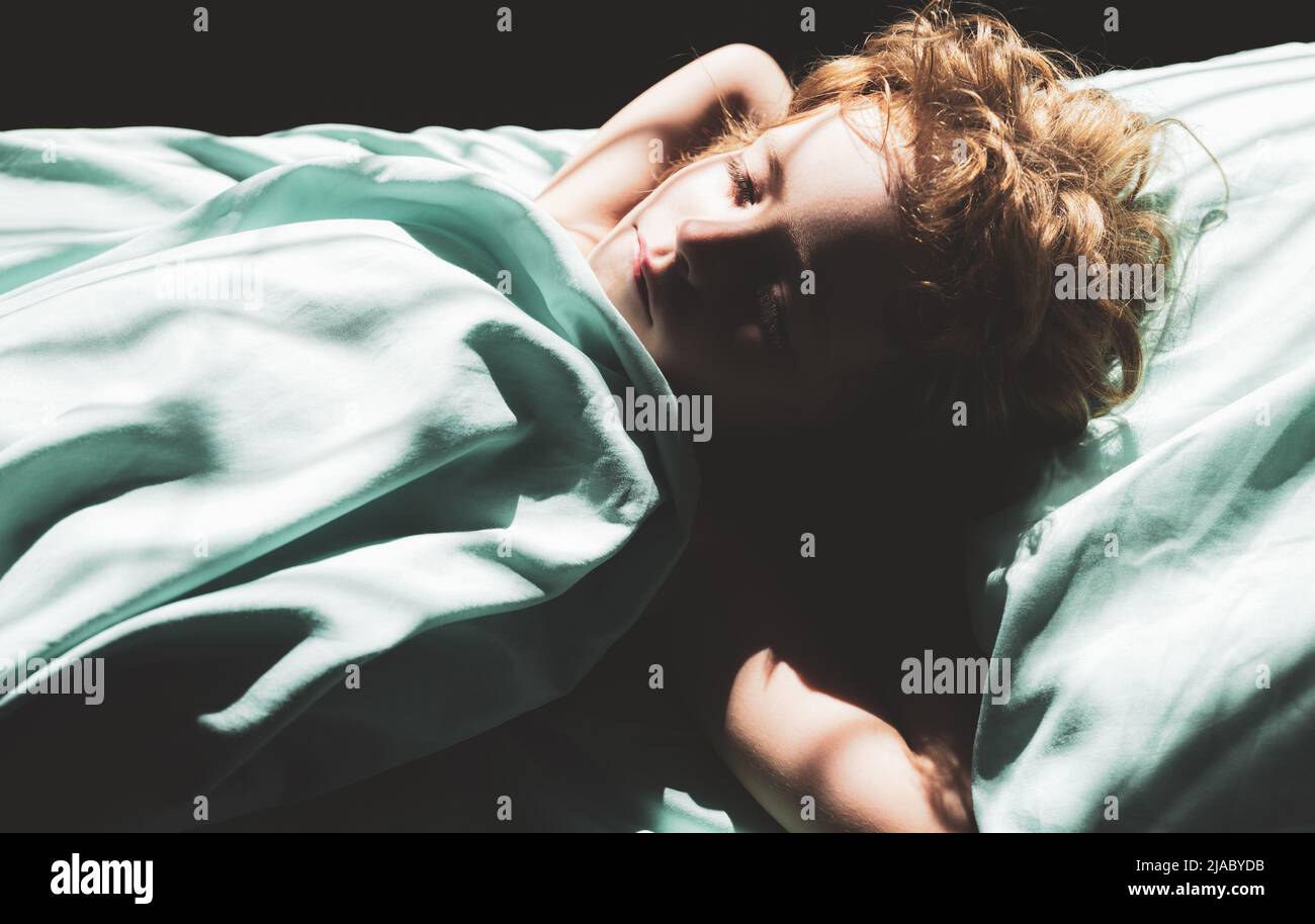 Calm child sleeping in comfortable bed lying on soft pillow orthopedic ...