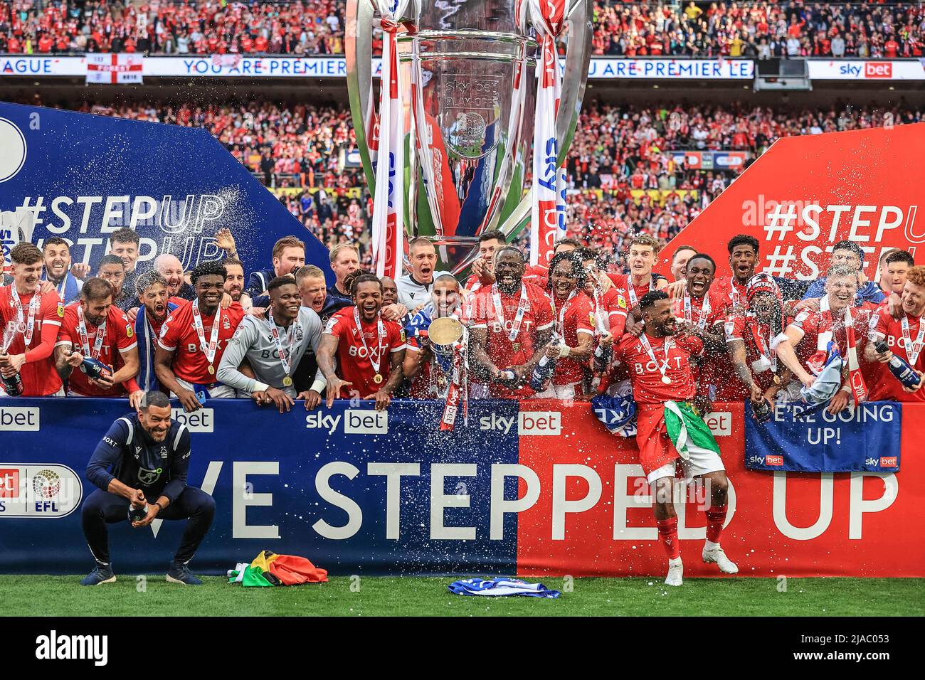 Nottingham Forest lift the Sky Bet Championship Playoff Final trophy as ...