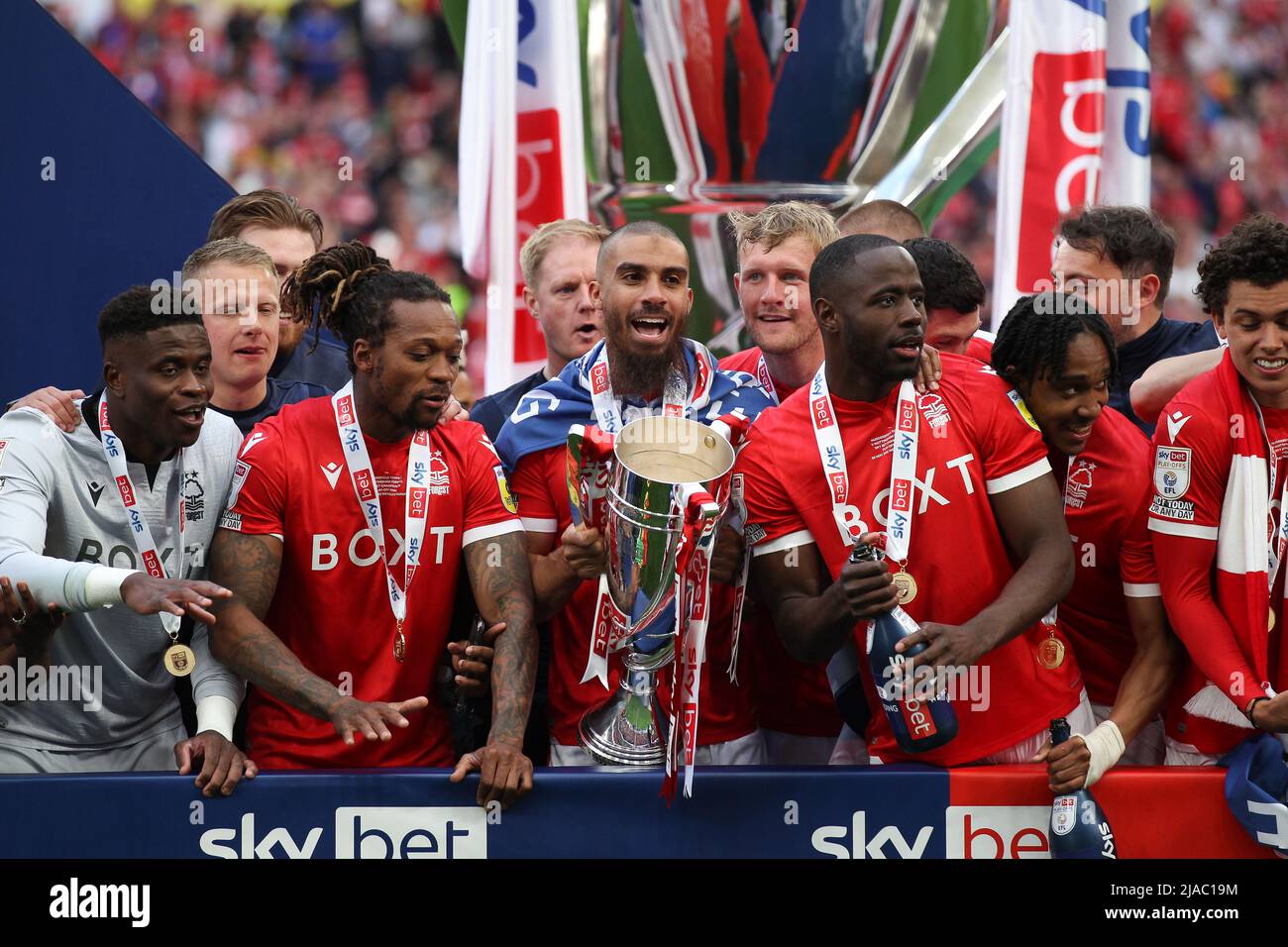 London, UK. 29th May, 2022. Lewis Grabban of Nottingham Forest lifts ...