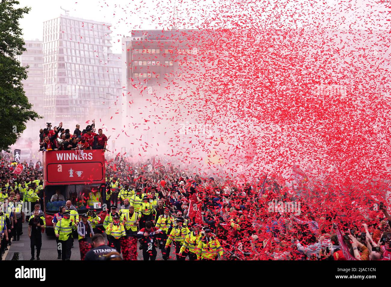 Liverpool players on an open-top bus during the trophy parade in ...