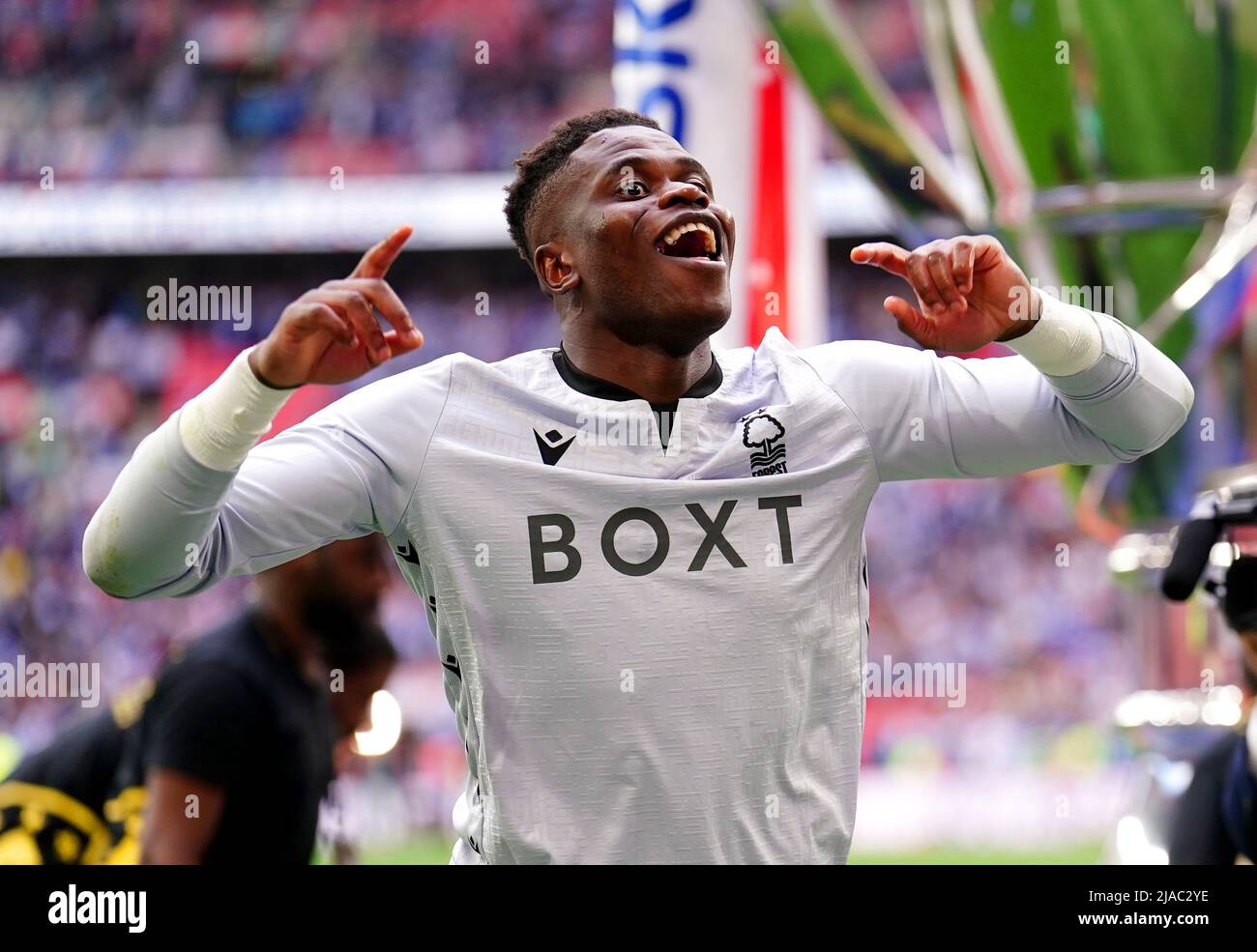 Nottingham Forest goalkeeper Brice Samba celebrates winning promotion ...