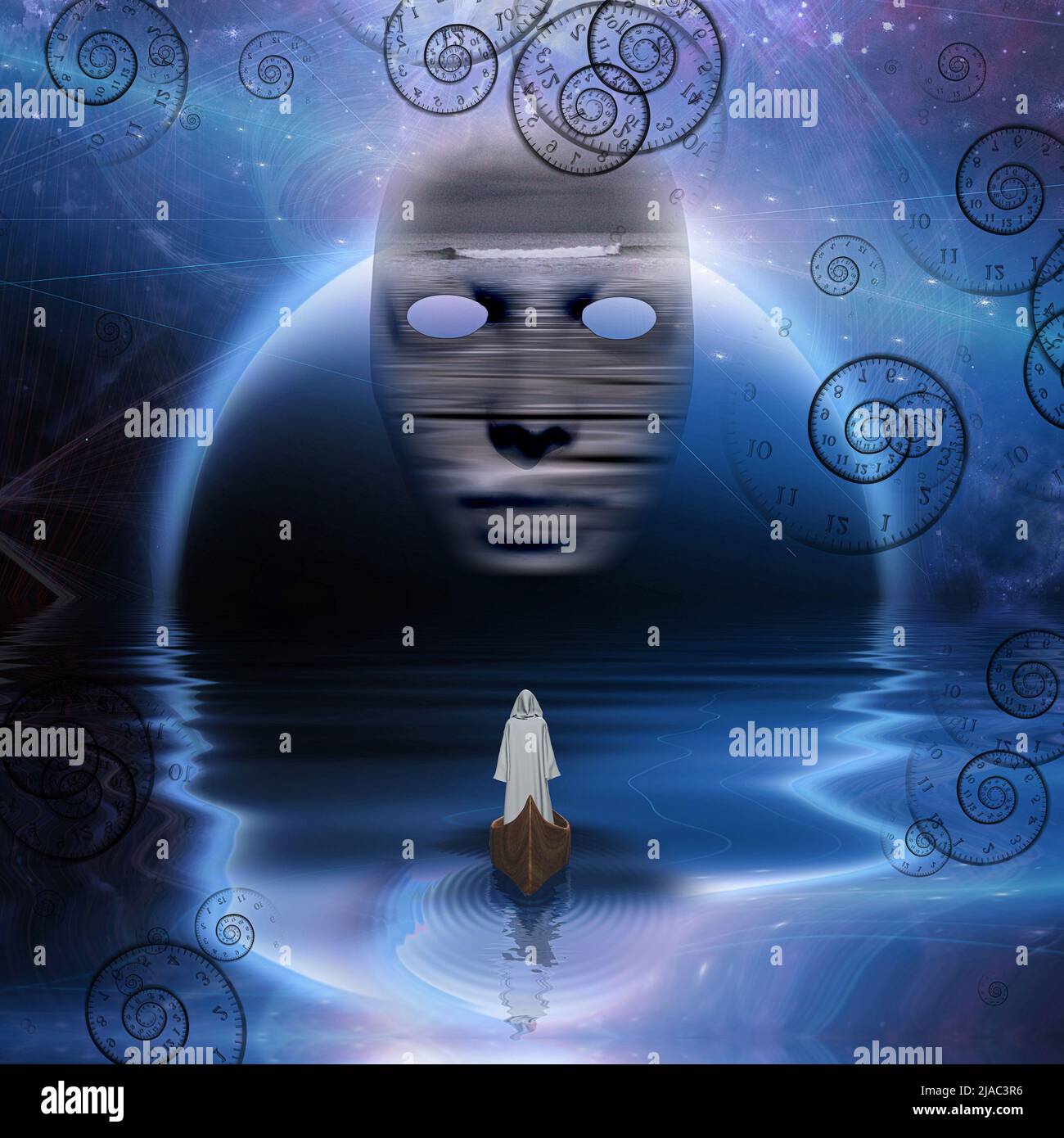 Man in white robe floating in abstract space. 3D rendering Stock Photo ...