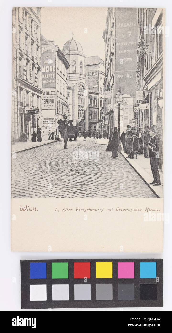 Vienna. I., old meat market with Greek church .. brothers Kohn KG (B. K ...