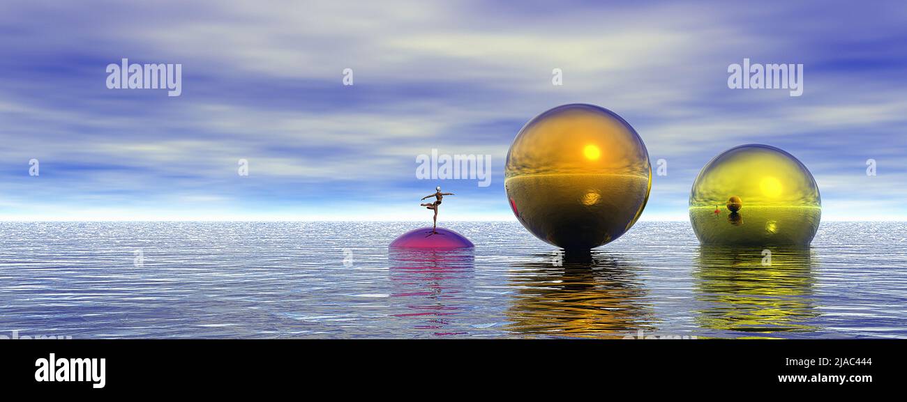 Surreal spheres over water. 3D rendering Stock Photo - Alamy