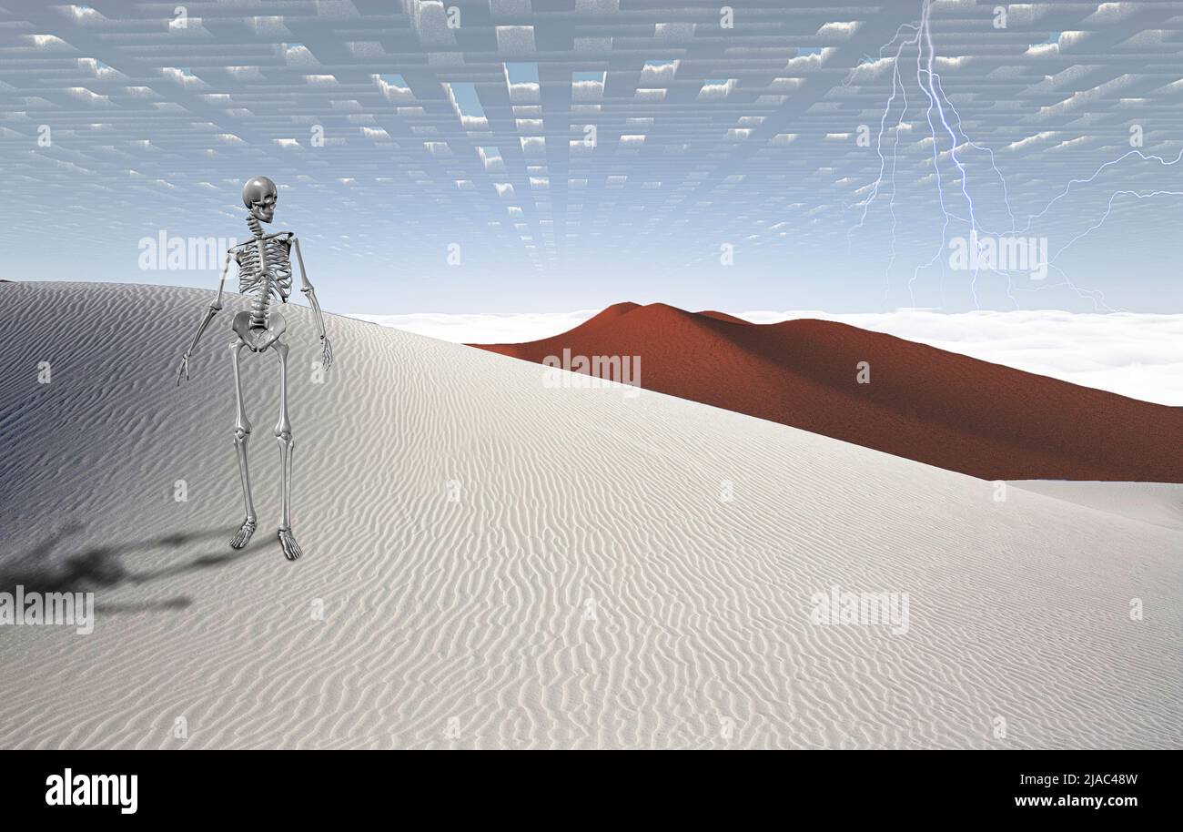 Skeleton in surreal desert. 3D rendering Stock Photo - Alamy