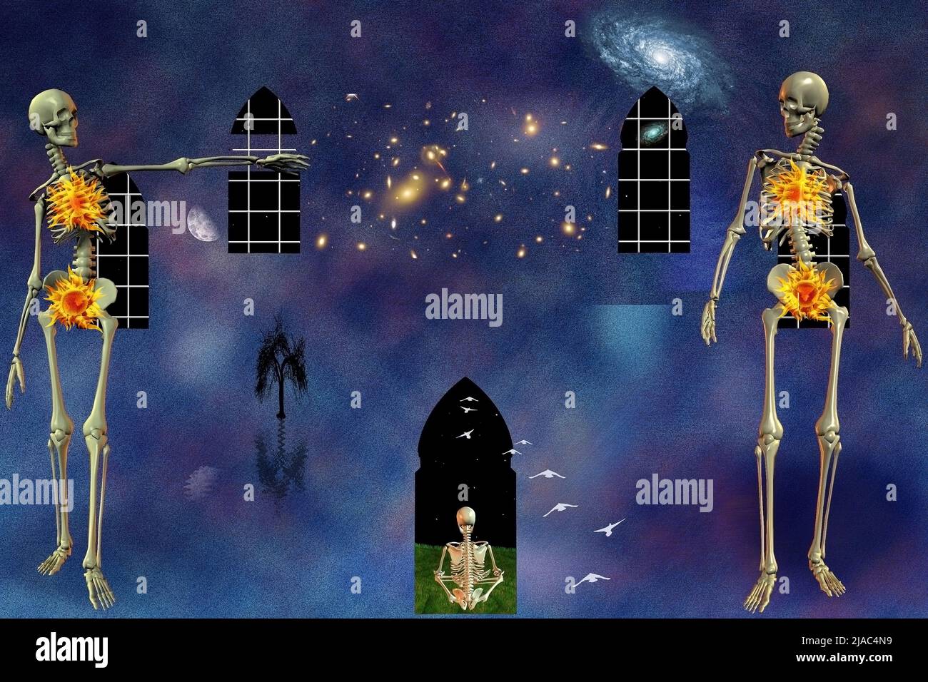Spiritual art with skeletons. 3D rendering Stock Photo - Alamy