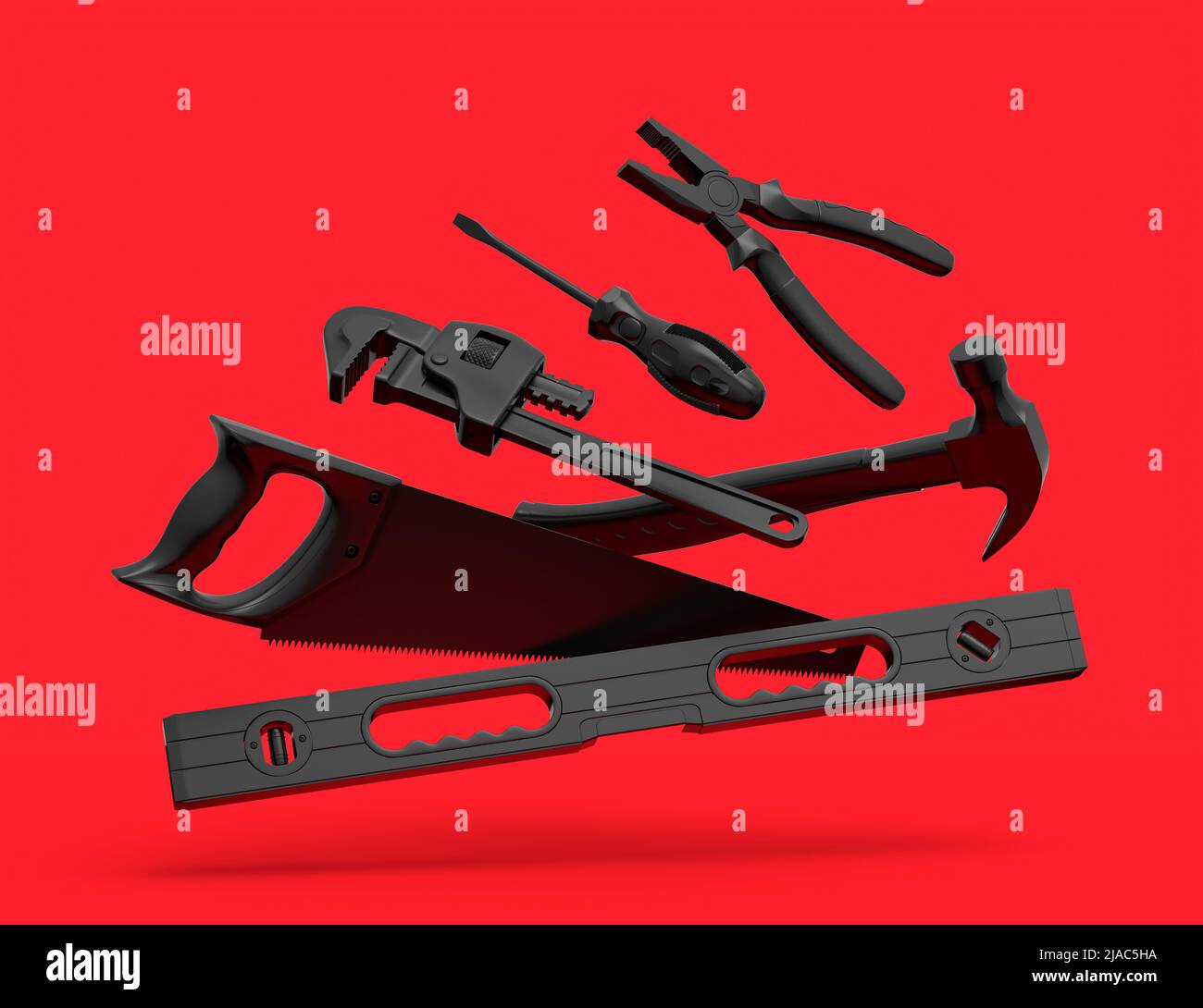 Flying view of black construction tools for repair and installation on ...
