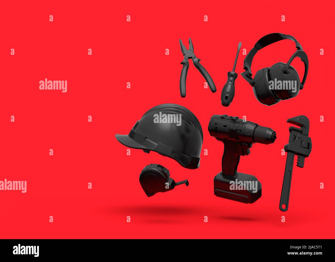 Flying view of black construction tools for repair and installation on ...