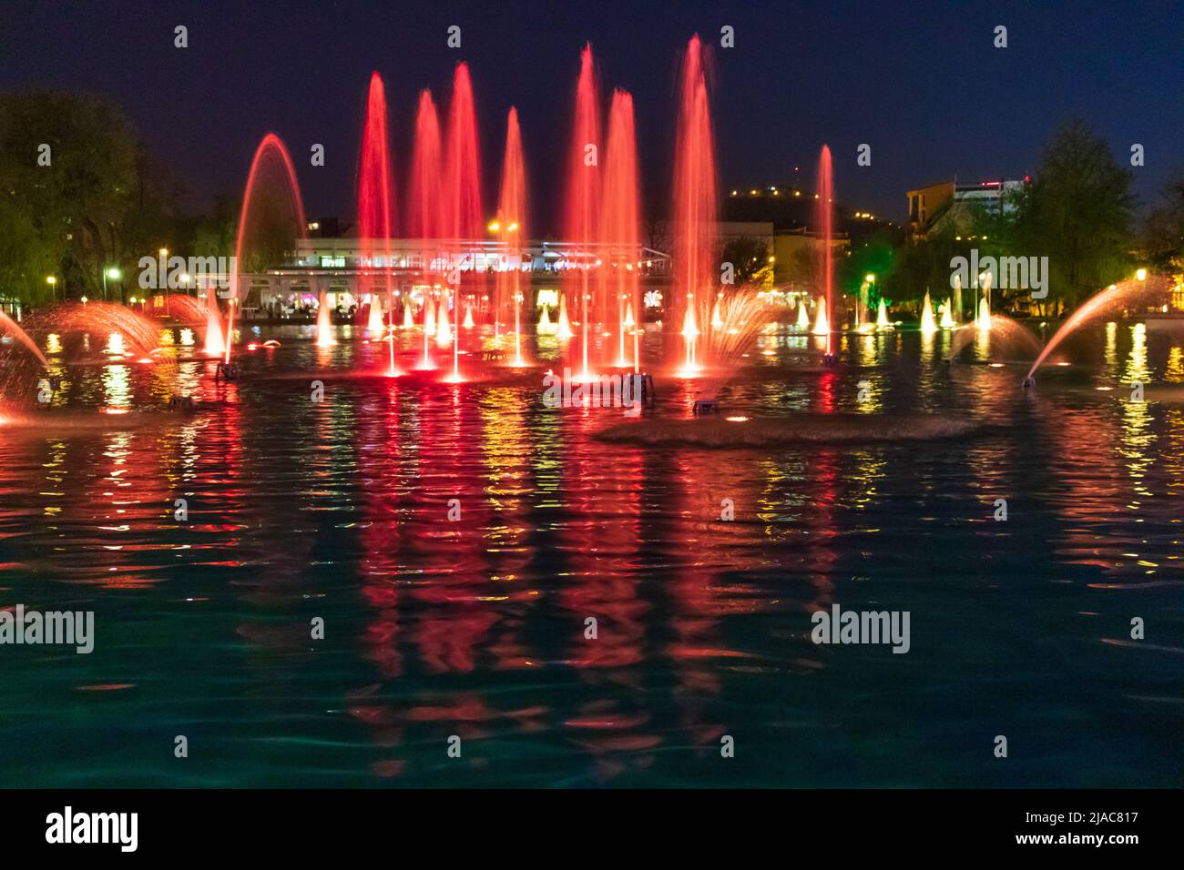 Plovdiv city park picturesque pink fountains at night,Plovdiv,Bulgaria ...