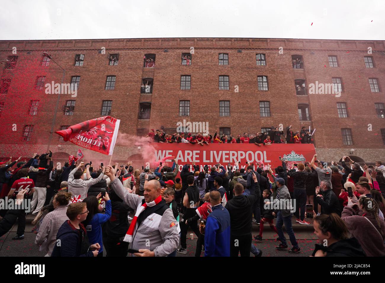 A general view of the team bus during the trophy parade in Liverpool ...