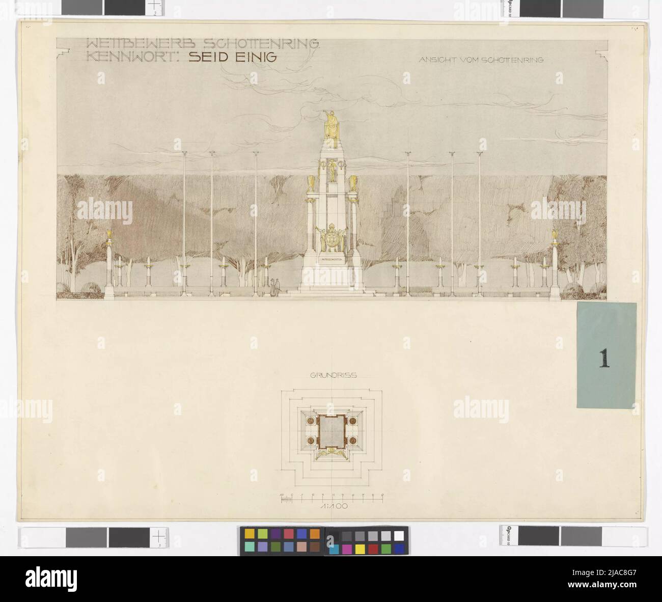 Austria monument on the Schottenring, front view and floor plan. Otto ...
