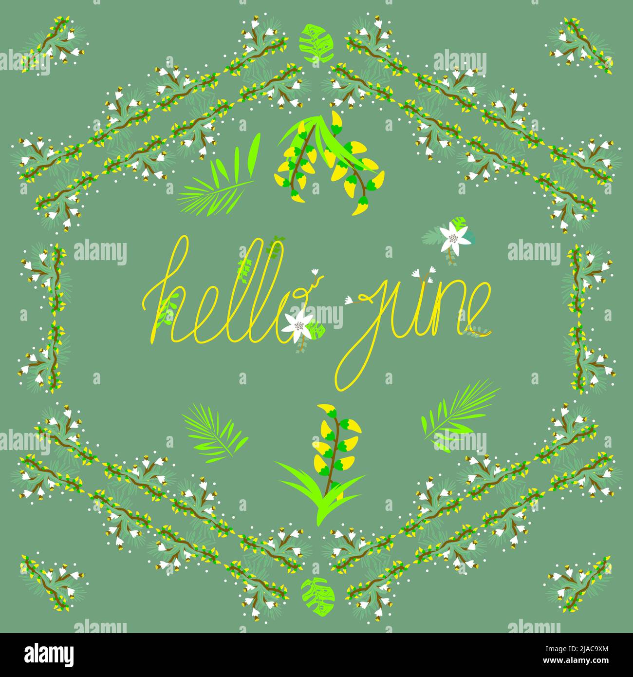 hello june banner in a frame of yellow flowers on a green background ...