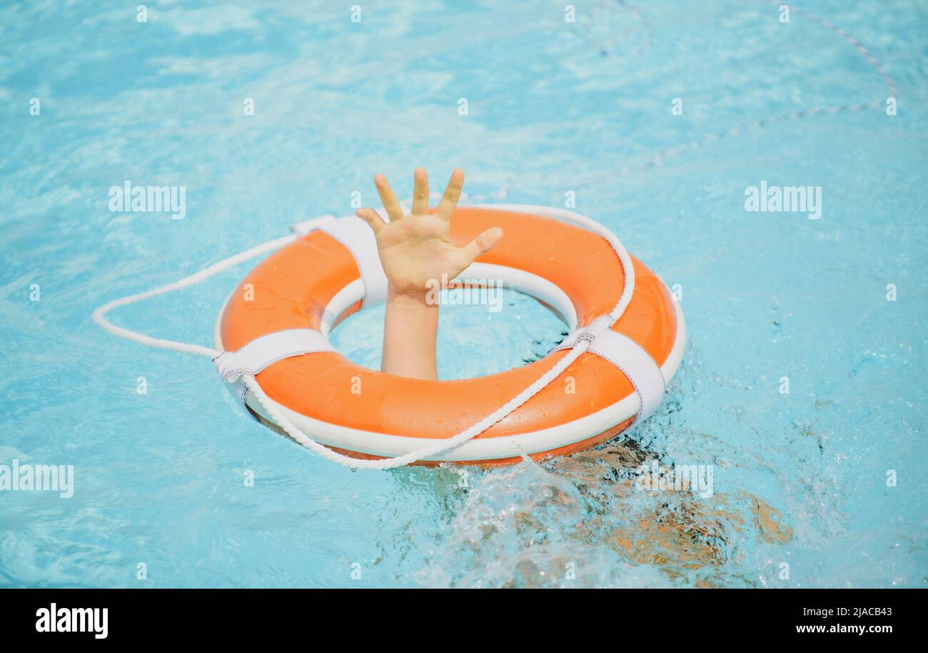 Drowning kid. Helping lifebuoy with hands in the water. Life buoy ...