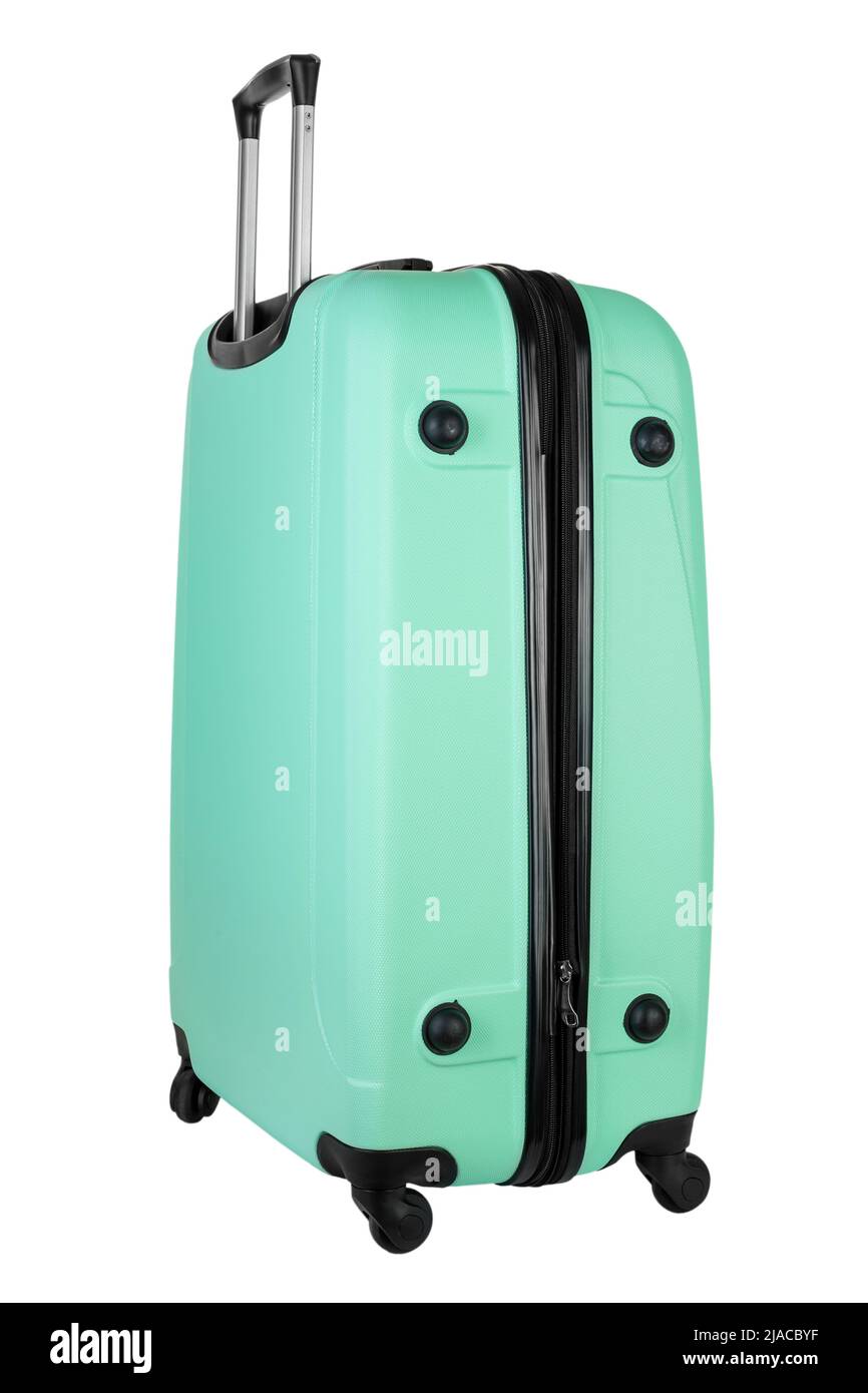 Travel turquoise suitcase isolated on white background. Summer holidays ...