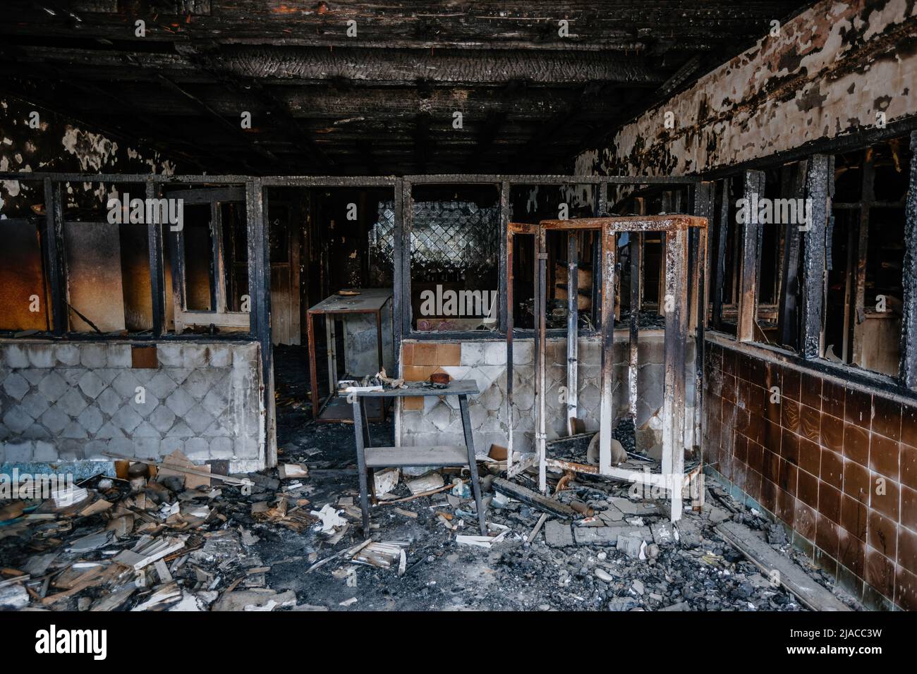 Burned interiors of hospital. Fire or war consequences concept Stock ...