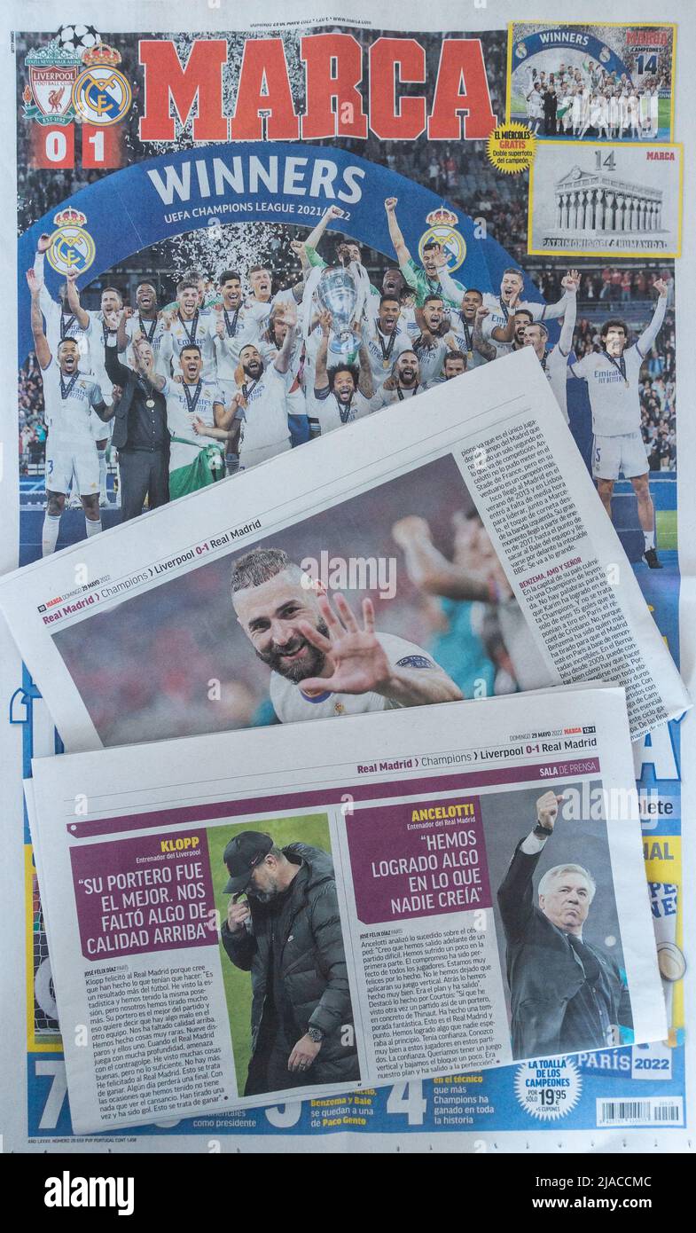 Spain's sports newspaper, Marca, celebrates the Real Madrid v Liverpool ...