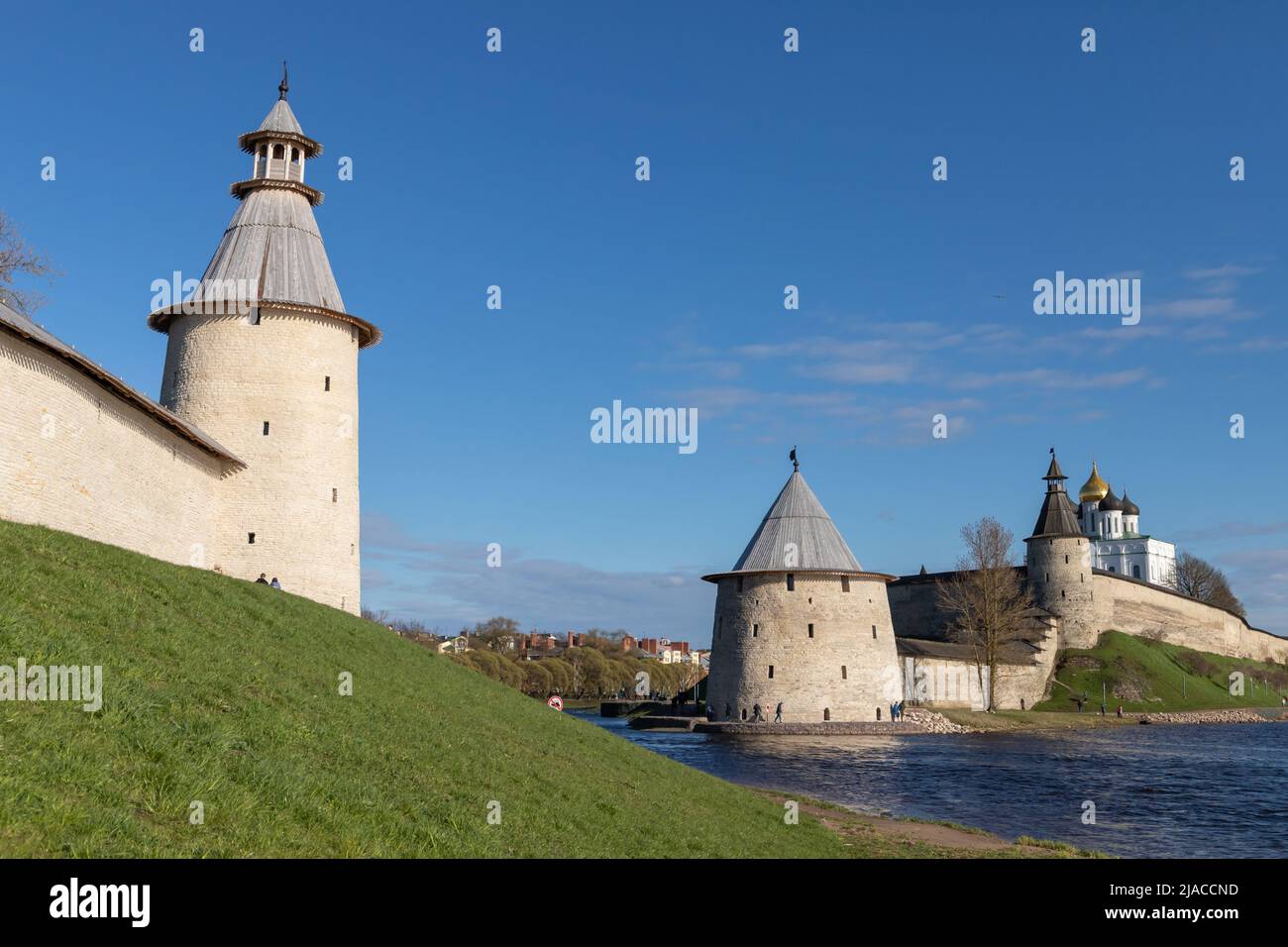 Kremlin of Pskov, Russian Federation. Stone towers and walls of the ...
