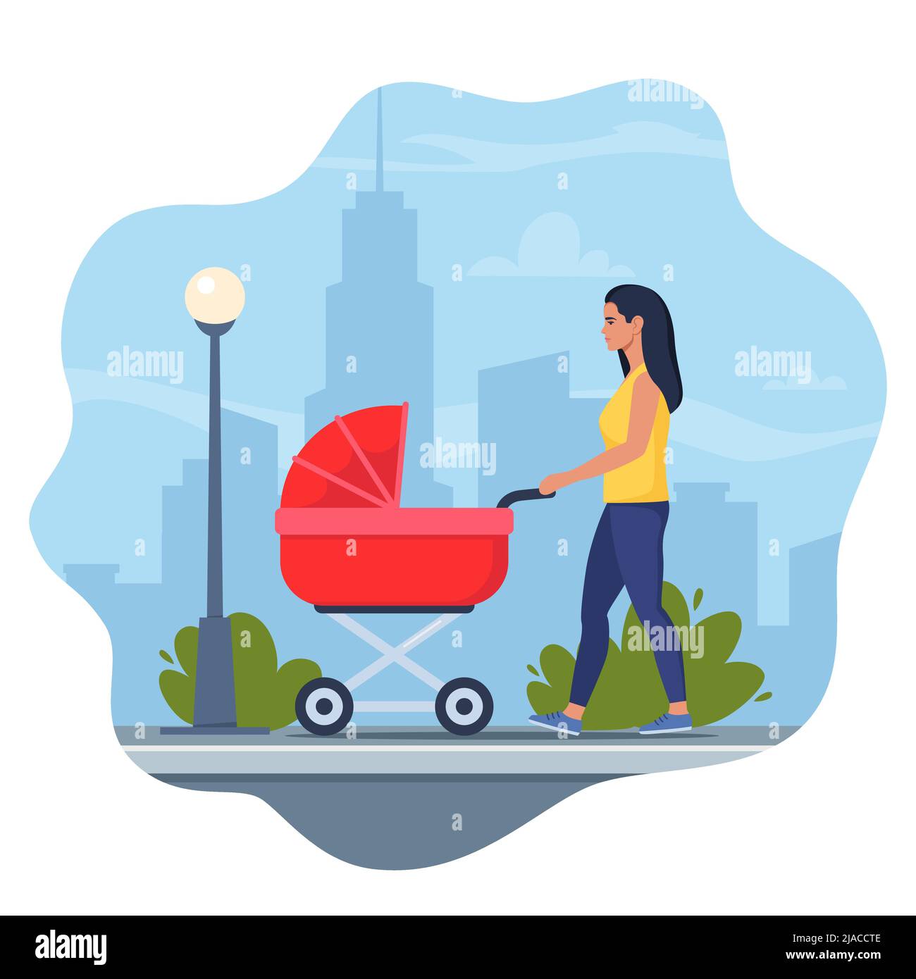 Young mother walking with a newborn that is in the pram. Woman with ...