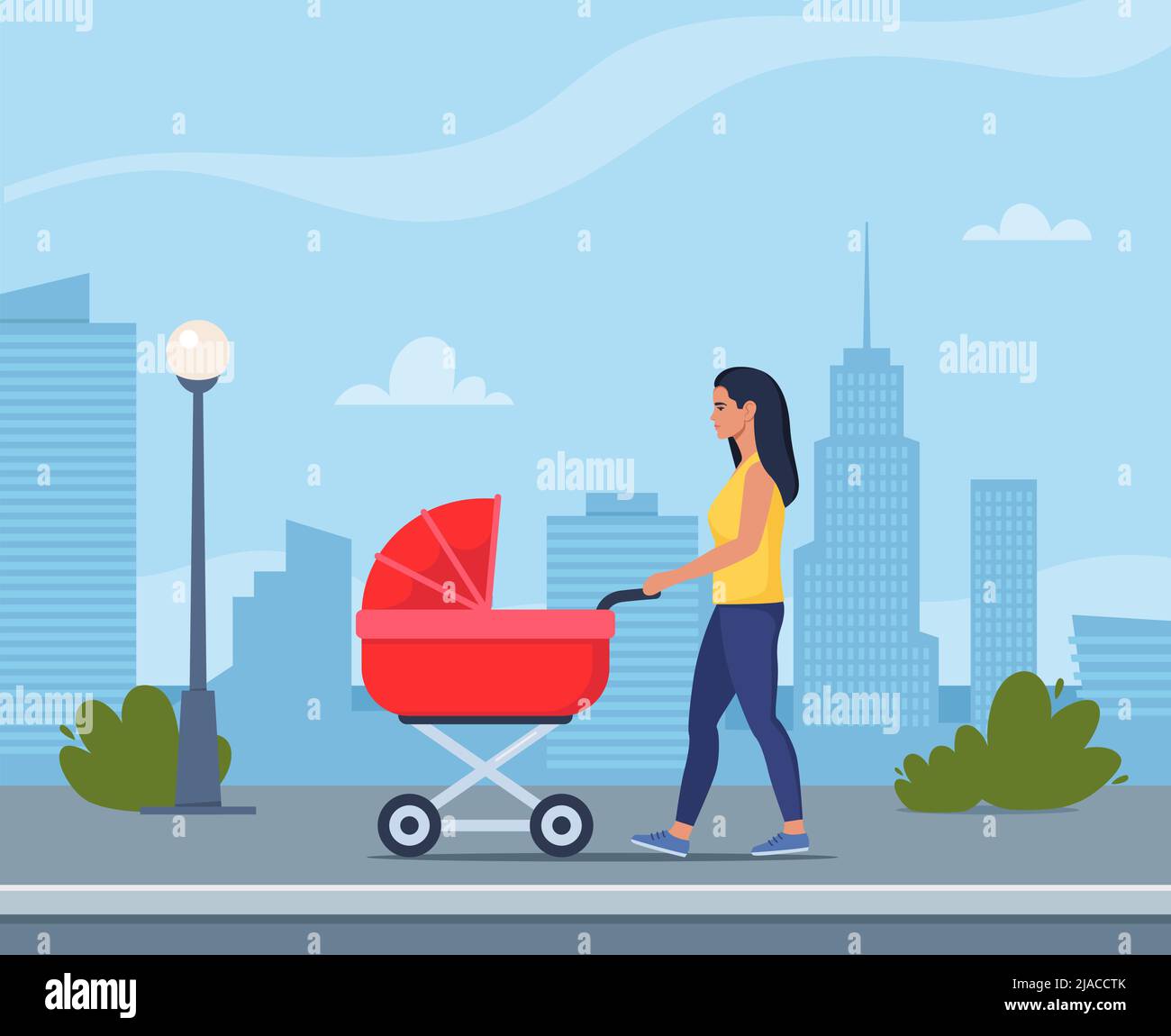 Young mother walking with a newborn that is in the pram. Woman with ...