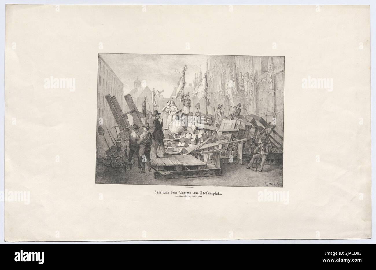 "Barricade at the alumni on Stefansplatz. / Built May 26, 1848 ...