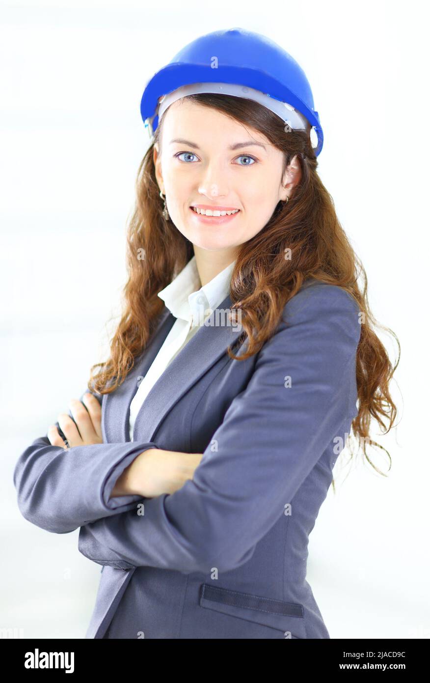 The beautiful business woman the engineer on a white background Stock ...