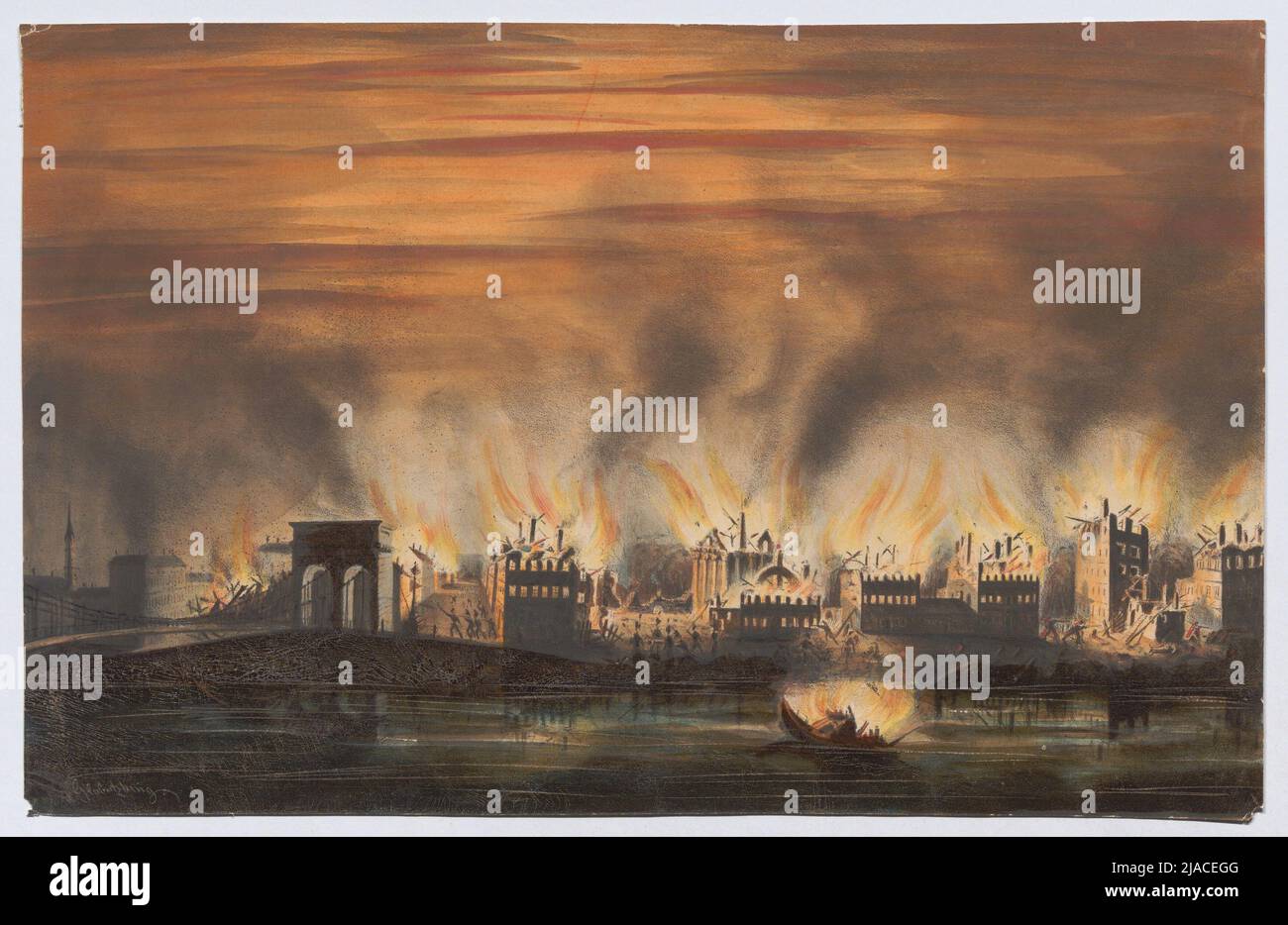 "Fire of Leopoldstadt on October 27, 1848.". F. Globatzhnig, lithograph ...